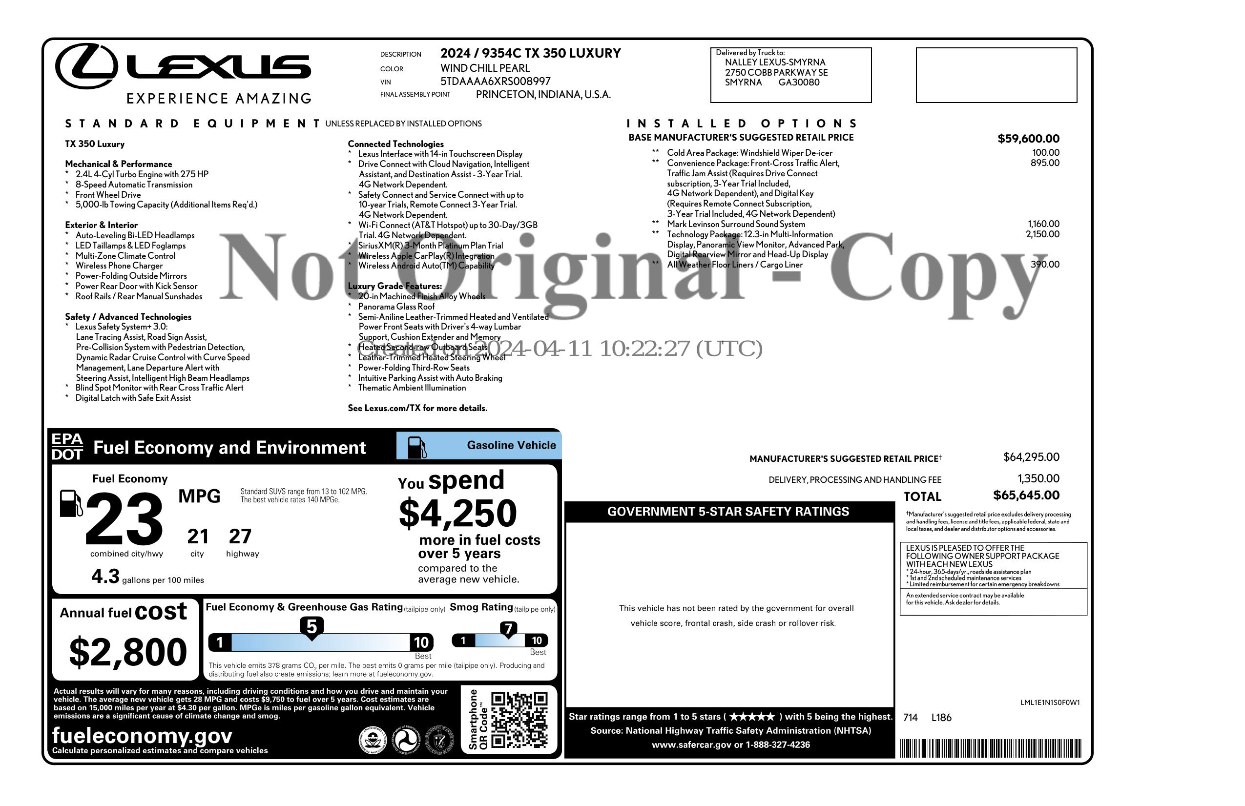 Window Sticker for 2024 Lexus Tx 350 Fwd