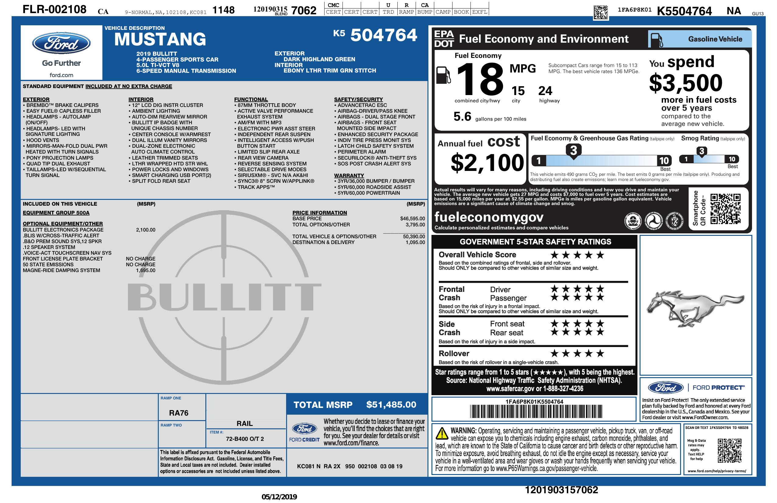 Window Sticker for 2019 Ford Mustang Bullitt Fastback