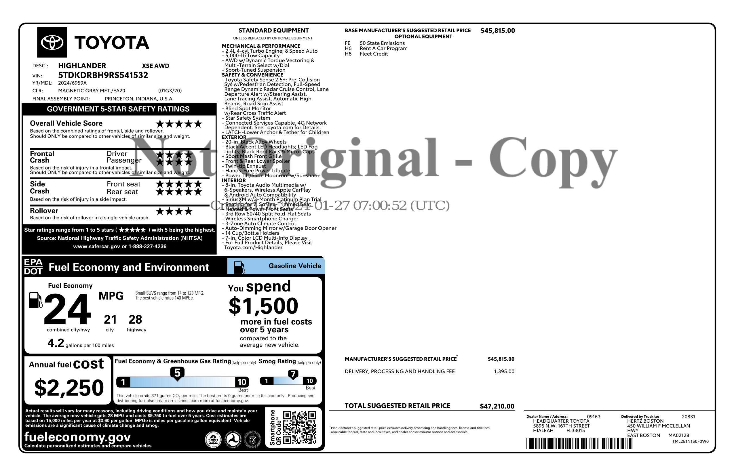 Window Sticker for 2024 Toyota Highlander Xse
