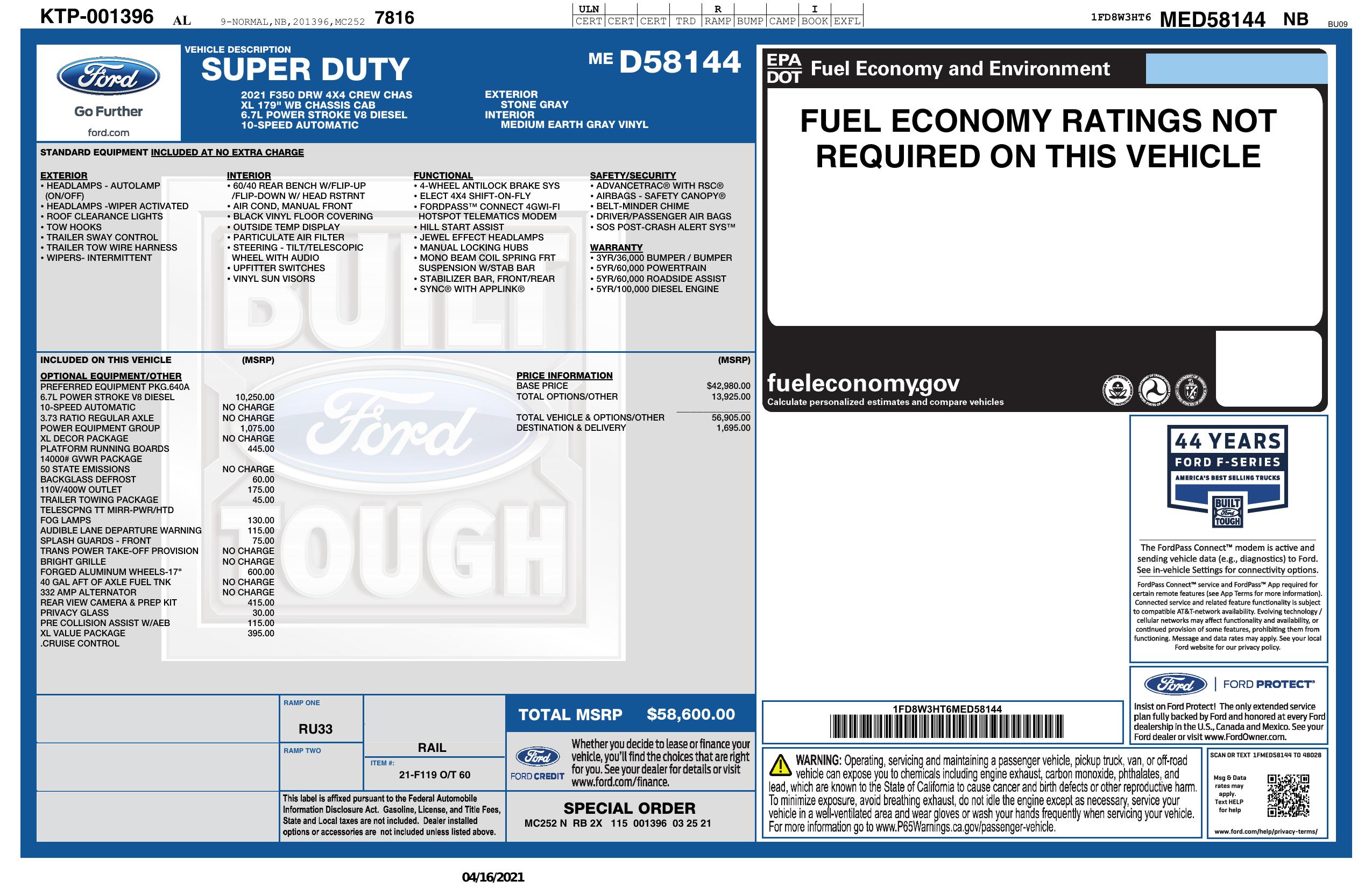 Window Sticker for 2021 Ford Super Duty F 350 Drw 4 Wd Crew Cab 179" Wb ...