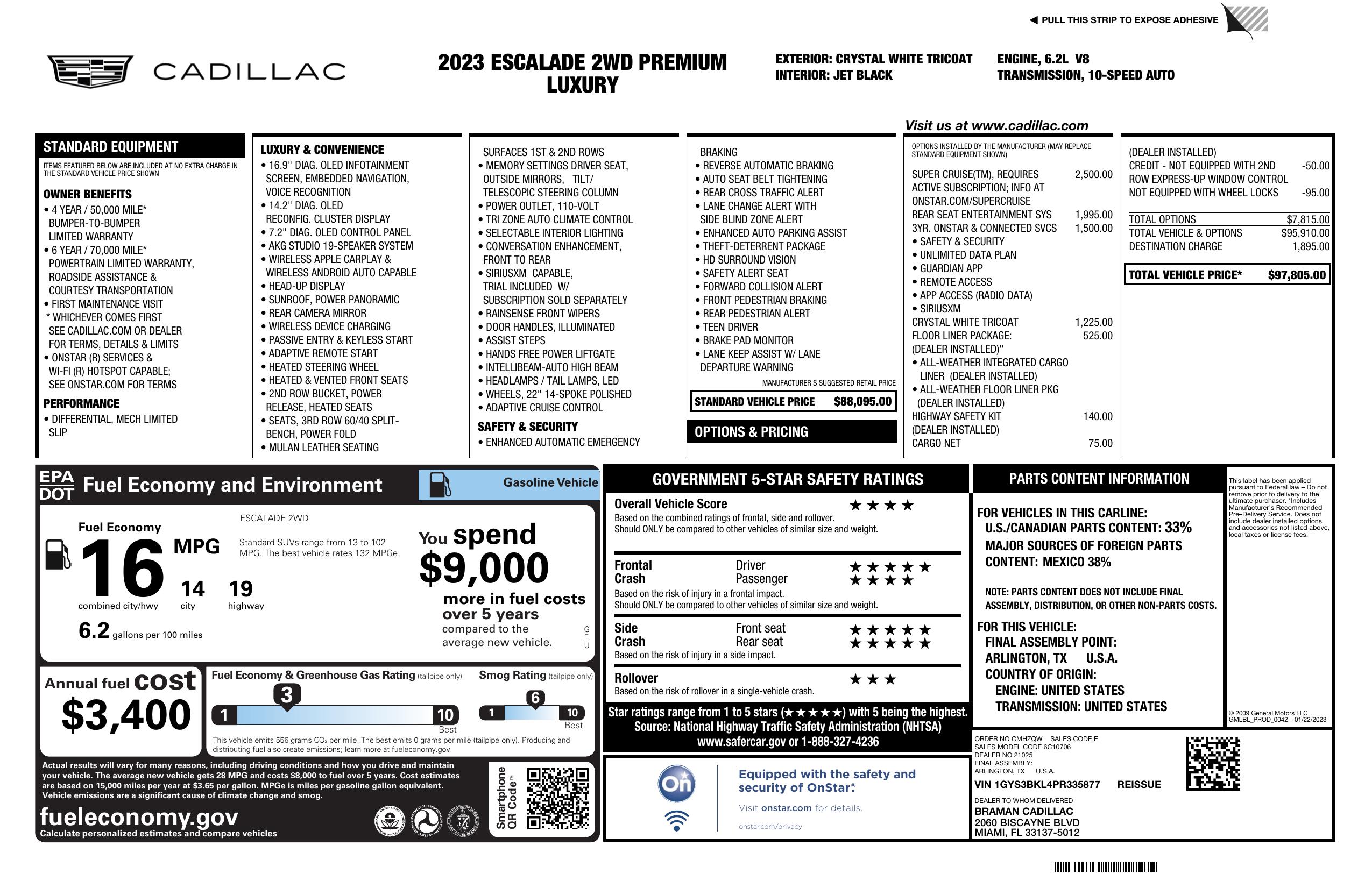 Window Sticker for 2023 Cadillac Escalade Rwd 4dr Premium Luxury