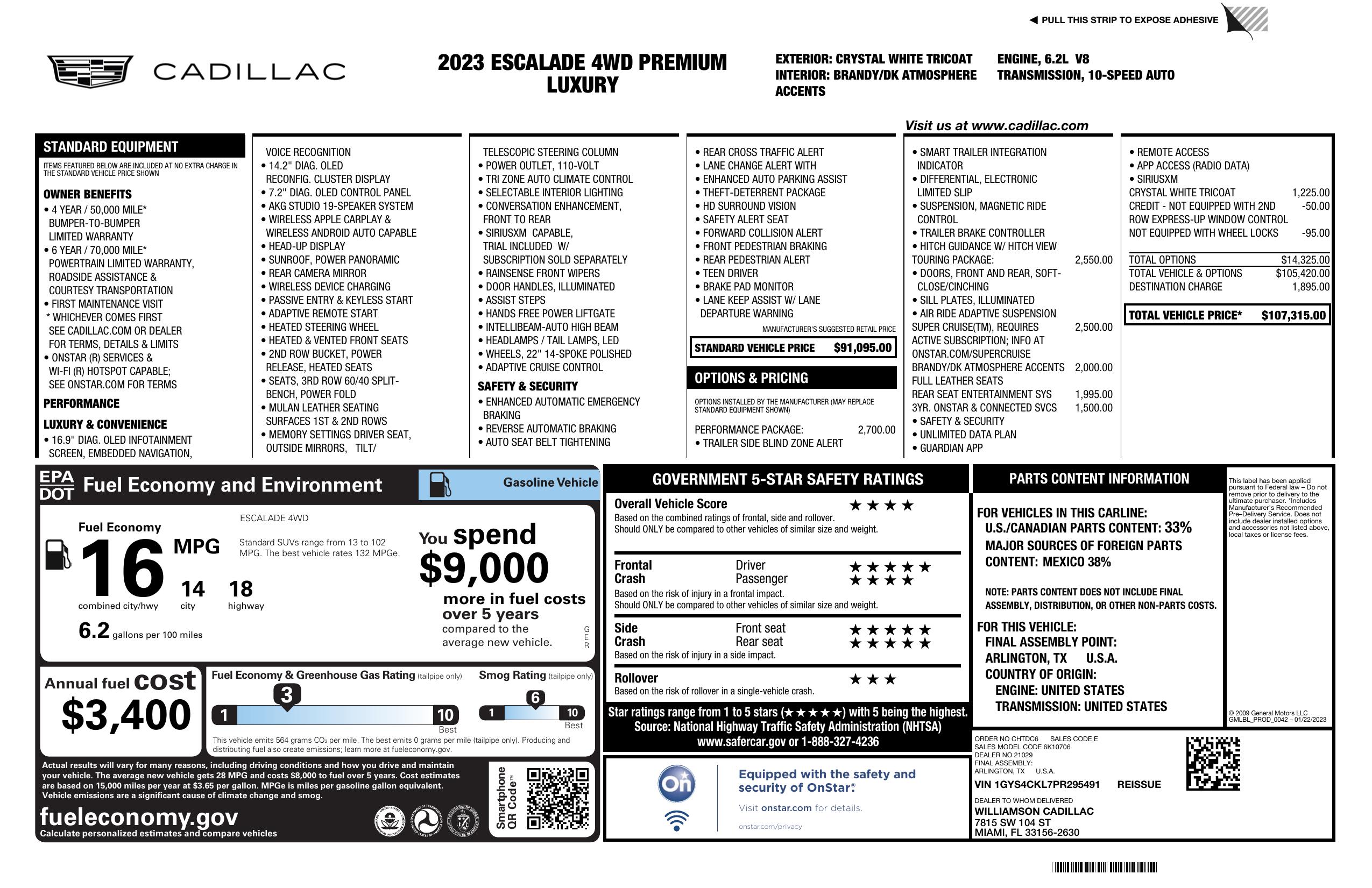 Window Sticker for 2023 Cadillac Escalade 4 Wd 4dr Premium Luxury