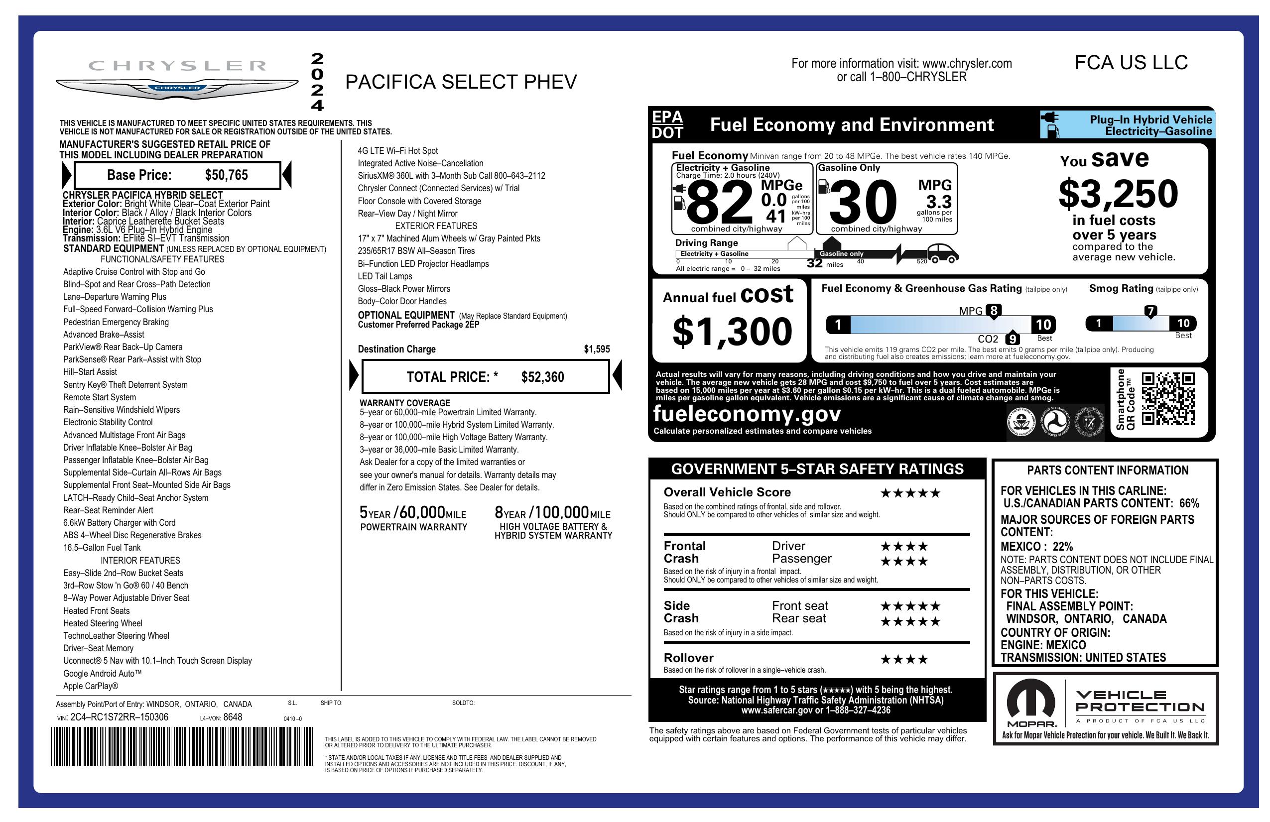 Window Sticker for 2024 Chrysler Pacifica Hybrid Select Fwd