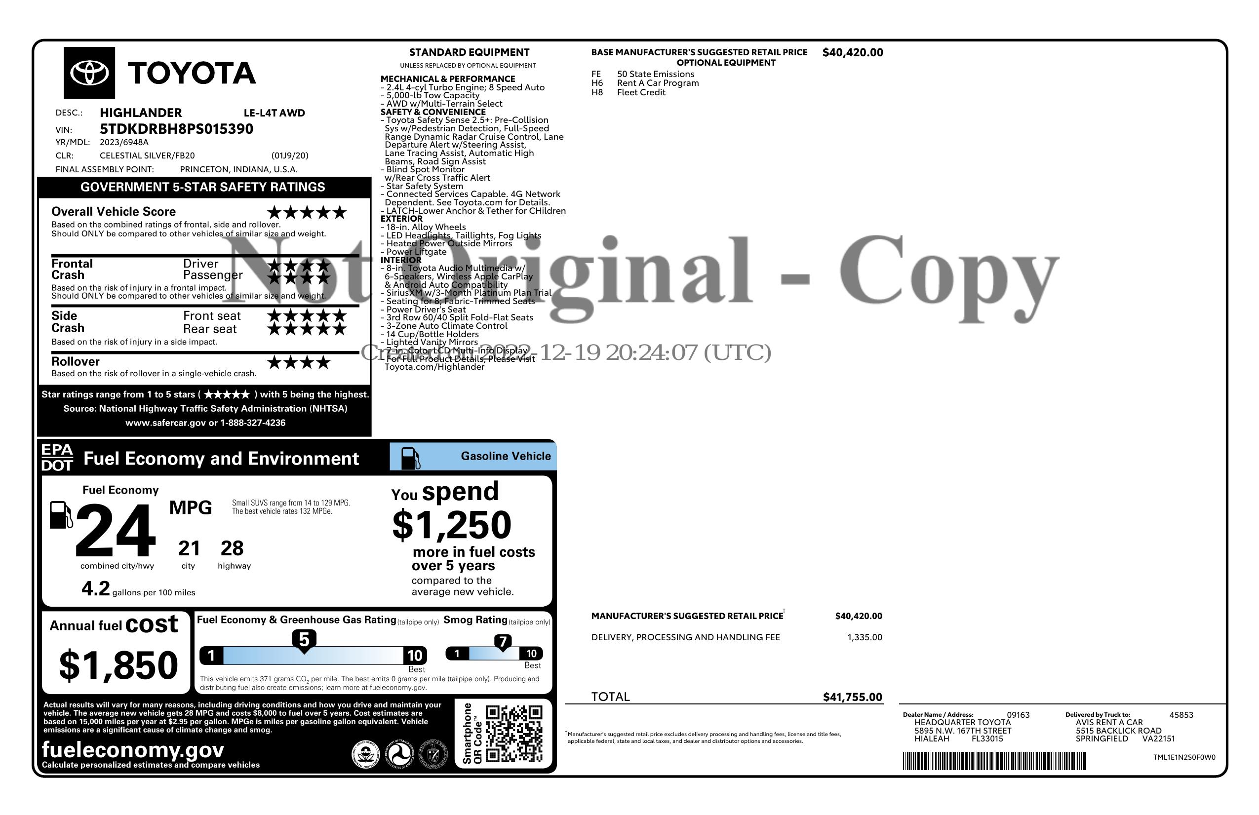 Window Sticker for 2023 Toyota Highlander Le