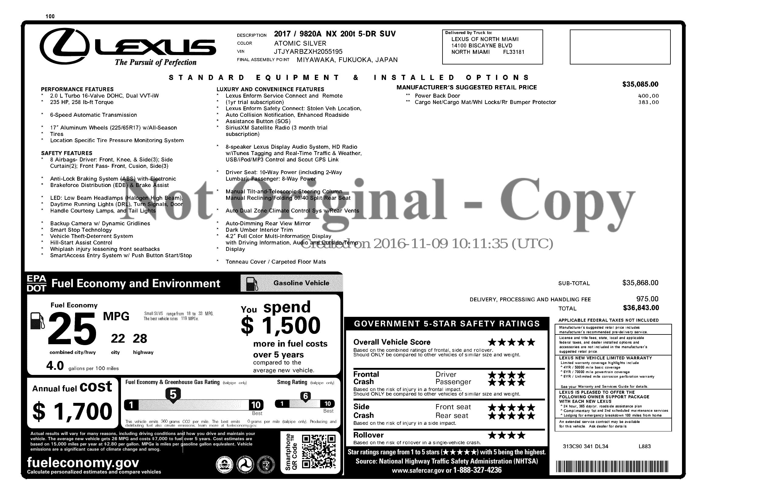 Window Sticker for 2017 Lexus Nx Turbo Fwd