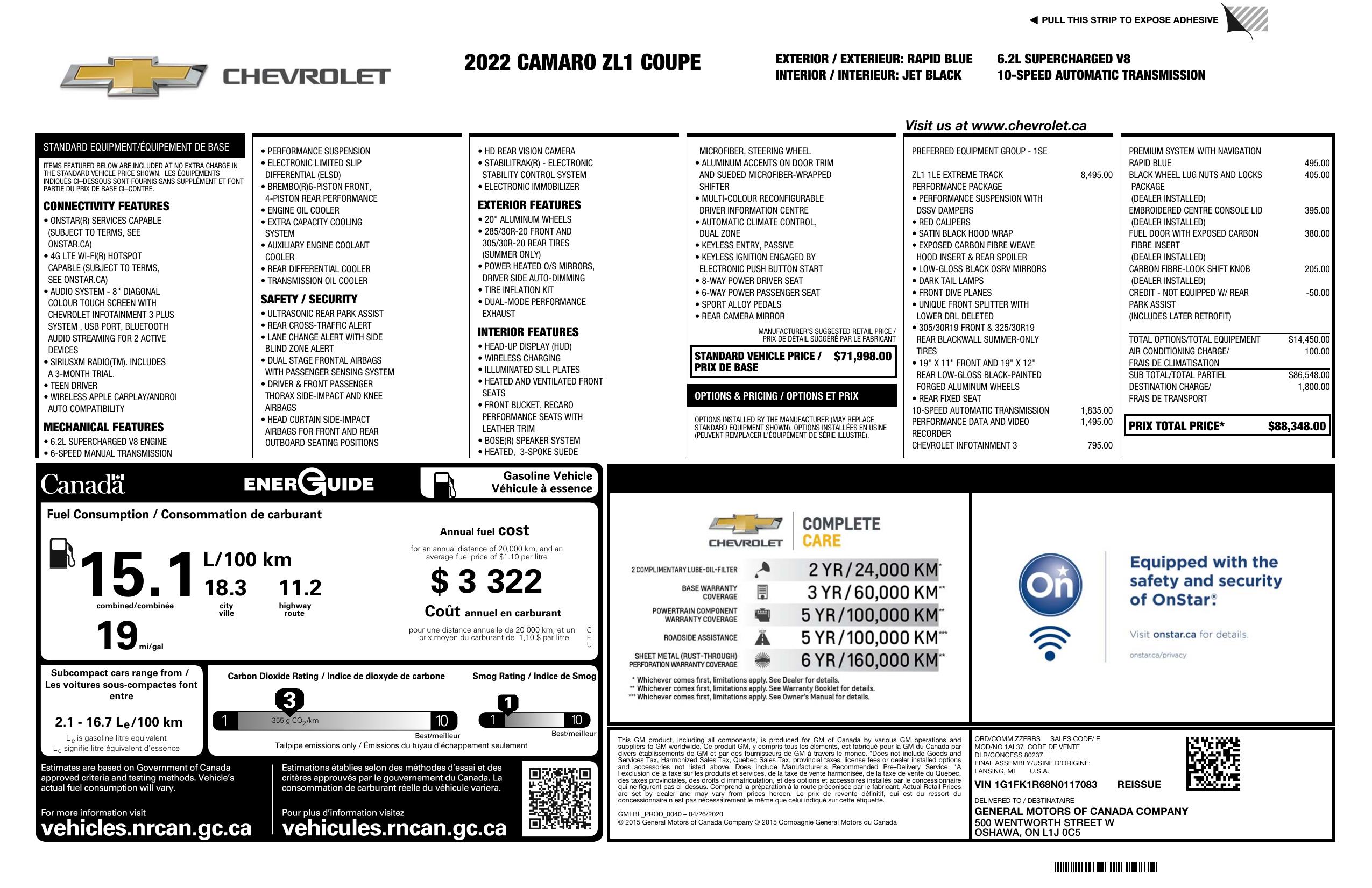 Window Sticker for 2022 Chevrolet Camaro 2dr Cpe Zl1