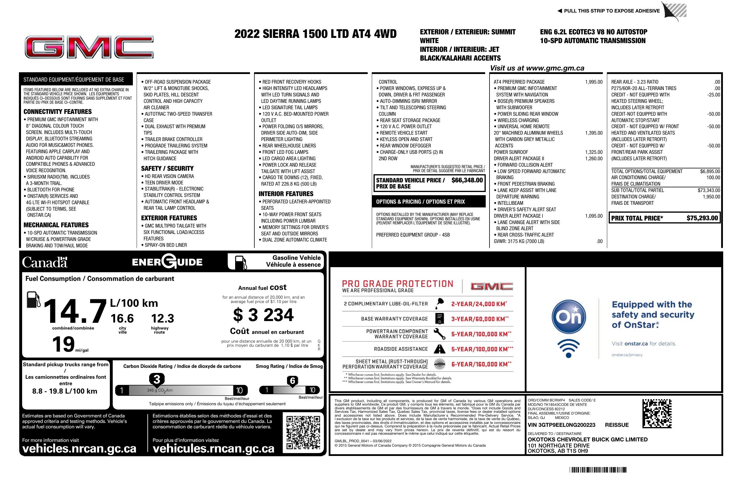 Window Sticker for 2022 GMC Sierra 1500 Limited 4 Wd Crew Cab At4