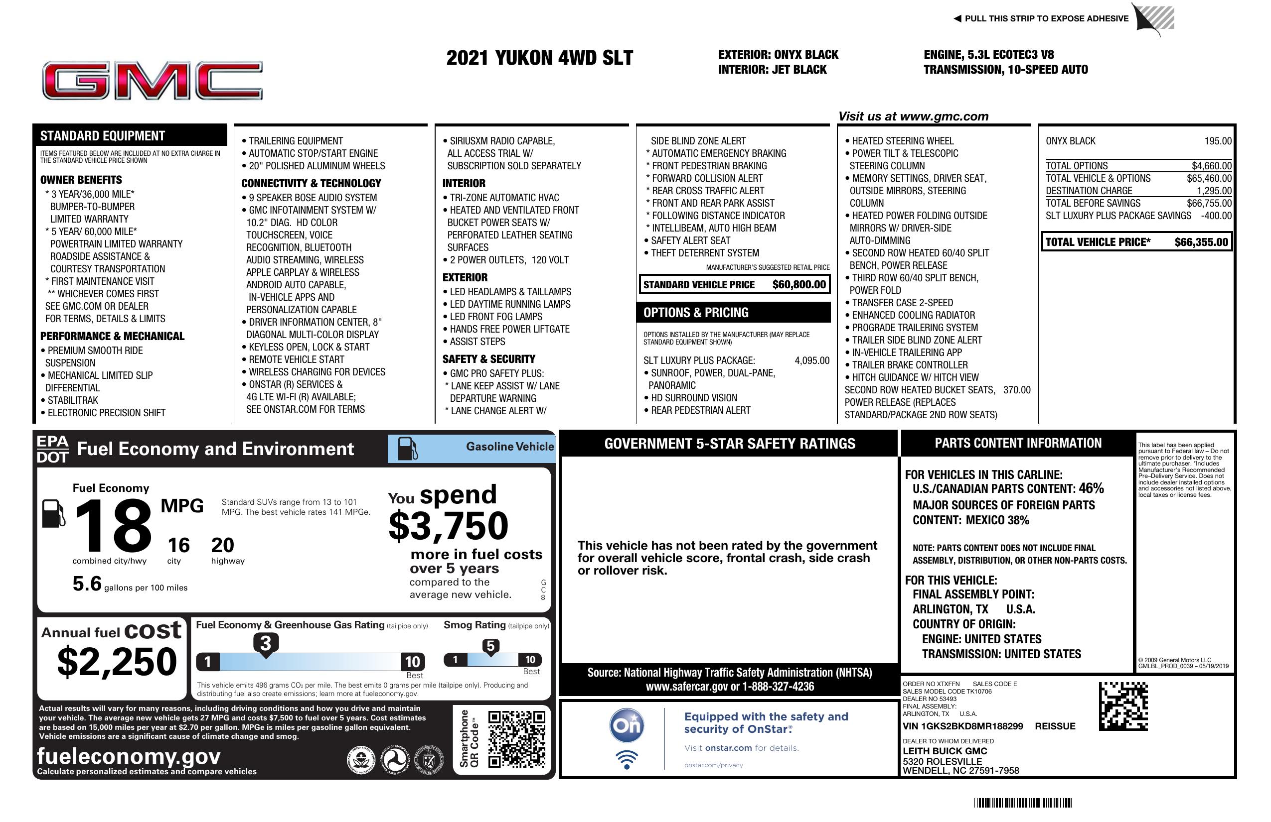 Window Sticker for 2021 GMC Yukon 4 Wd 4dr Slt