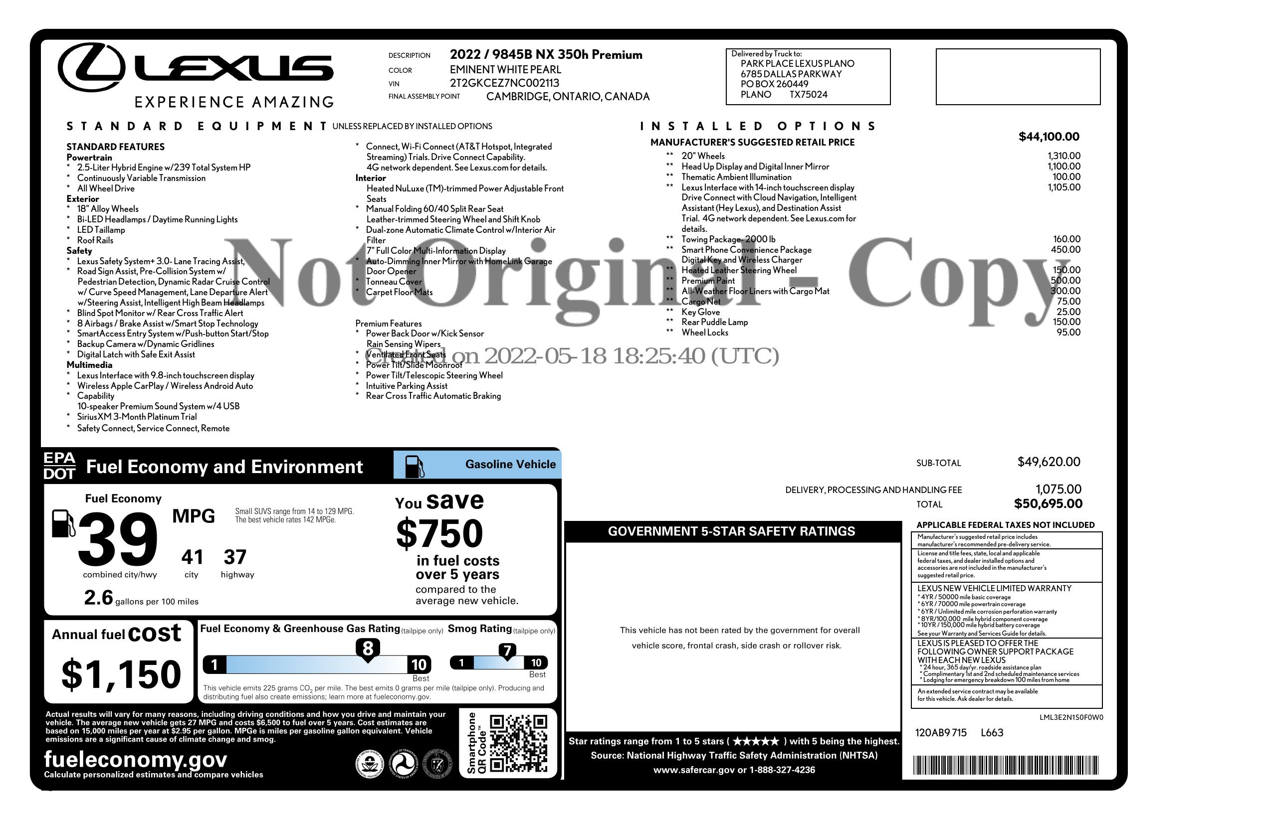 Window Sticker for 2022 Lexus Nx Nx 350h Premium Awd