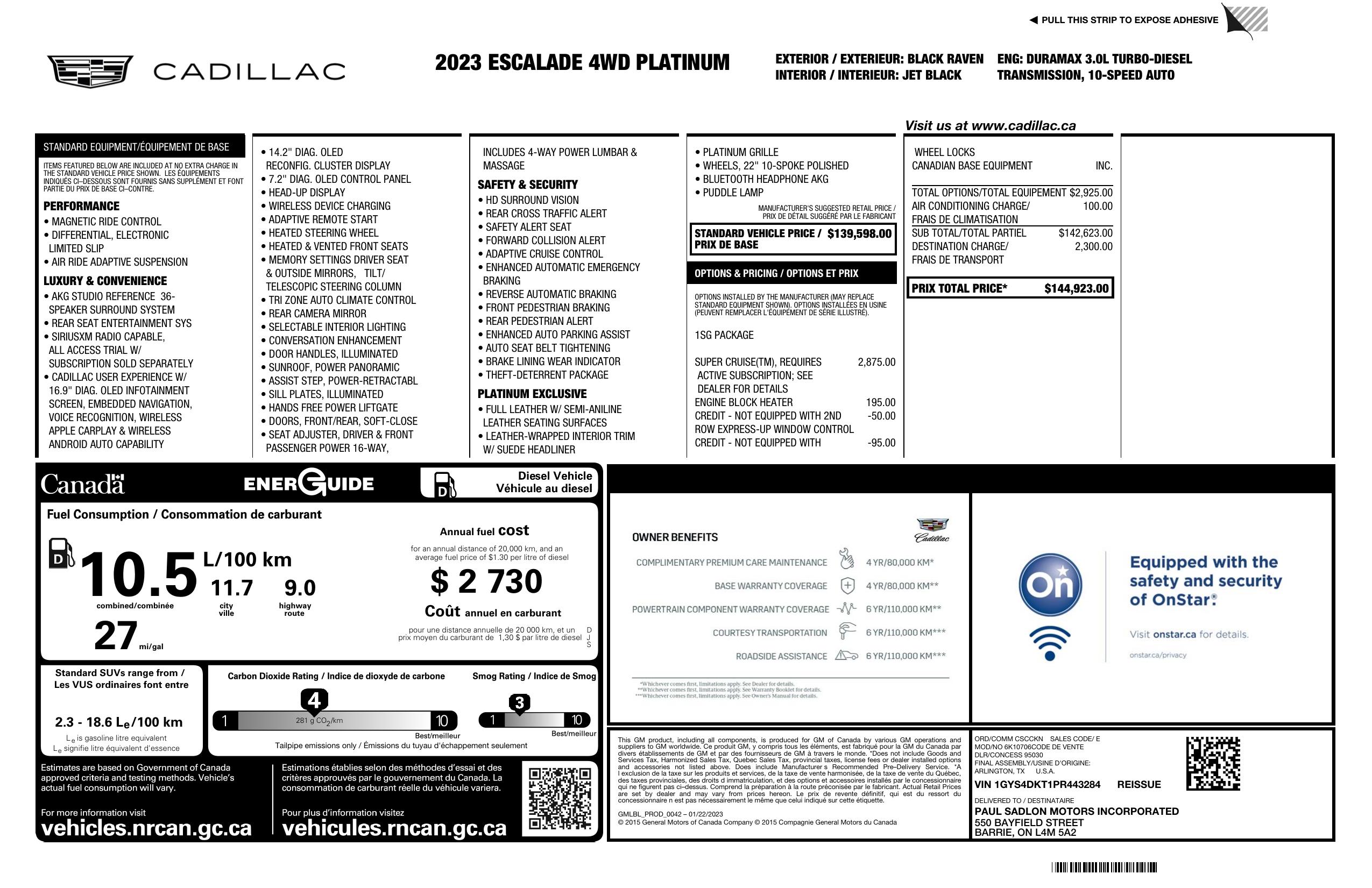 Window Sticker for 2023 Cadillac Escalade 4 Wd 4dr Premium Luxury Platinum