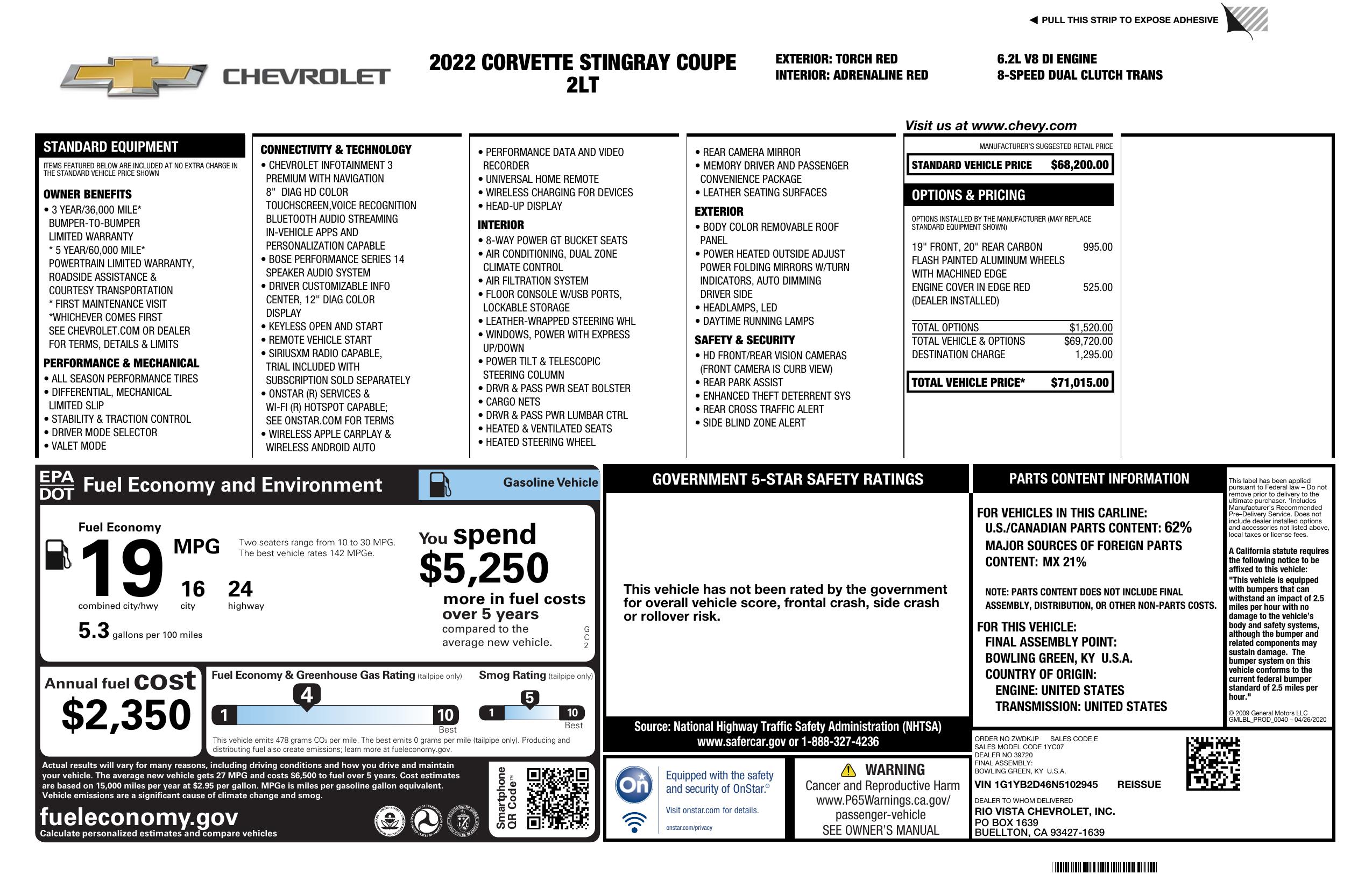 Window Sticker for 2022 Chevrolet Corvette 2dr Stingray Cpe W/2 Lt