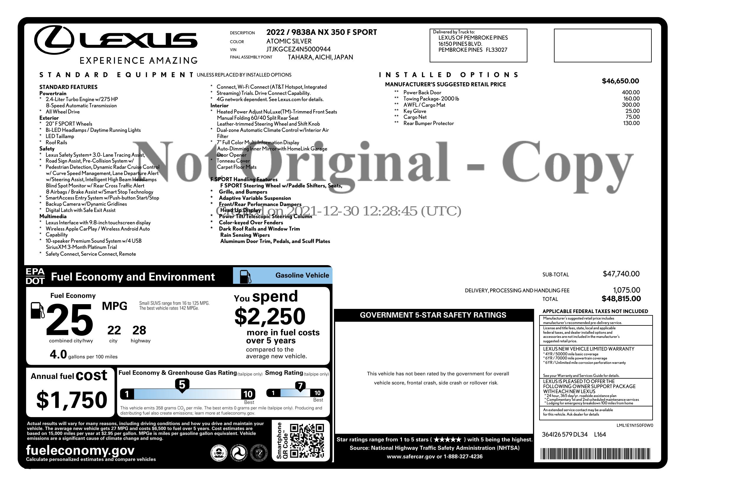 Window Sticker for 2022 Lexus Nx Nx 350 F Sport Handling Awd
