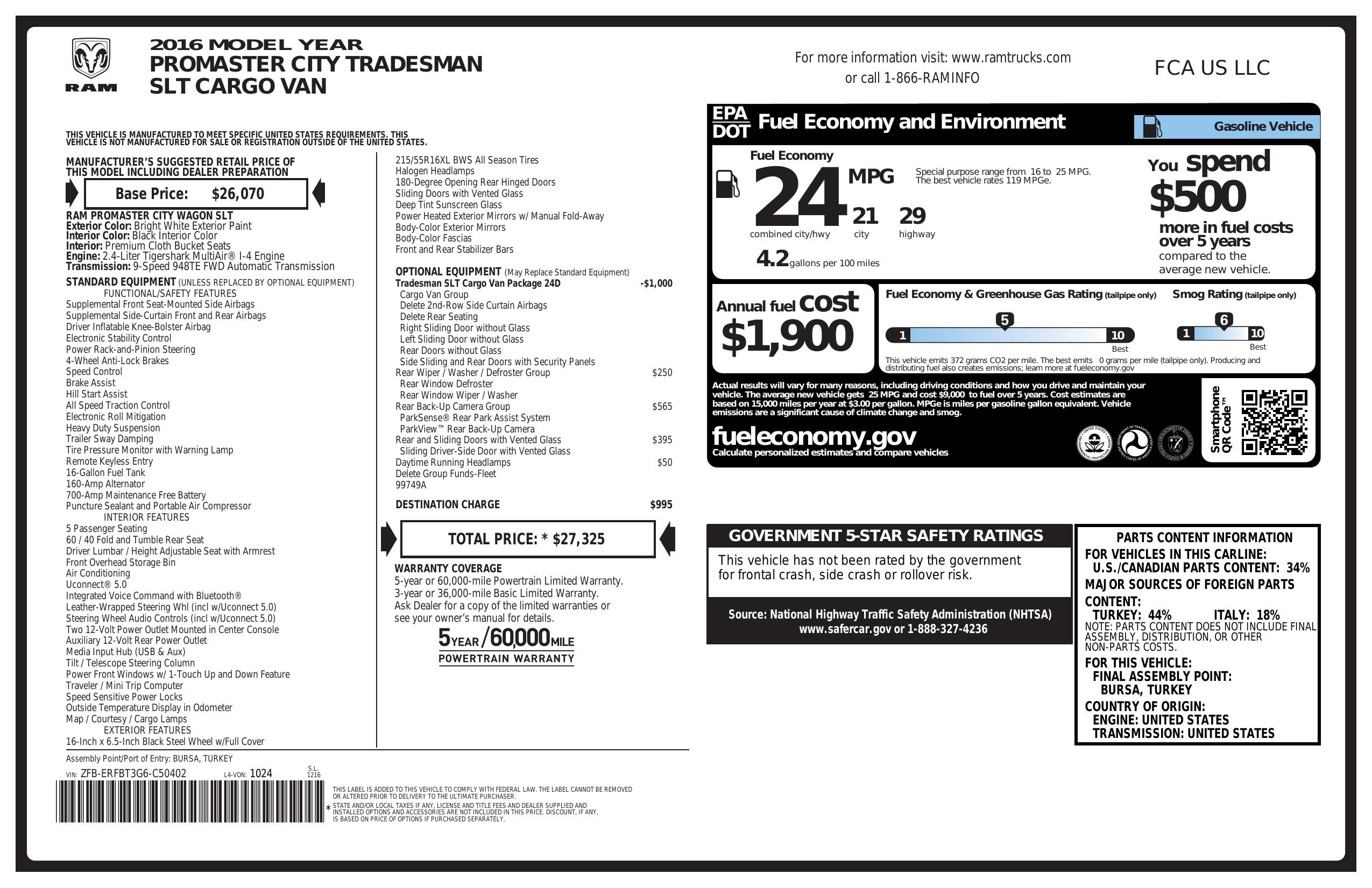 Window Sticker for 2016 Ram Pro Master City Cargo Van 122" Wb Tradesman Slt