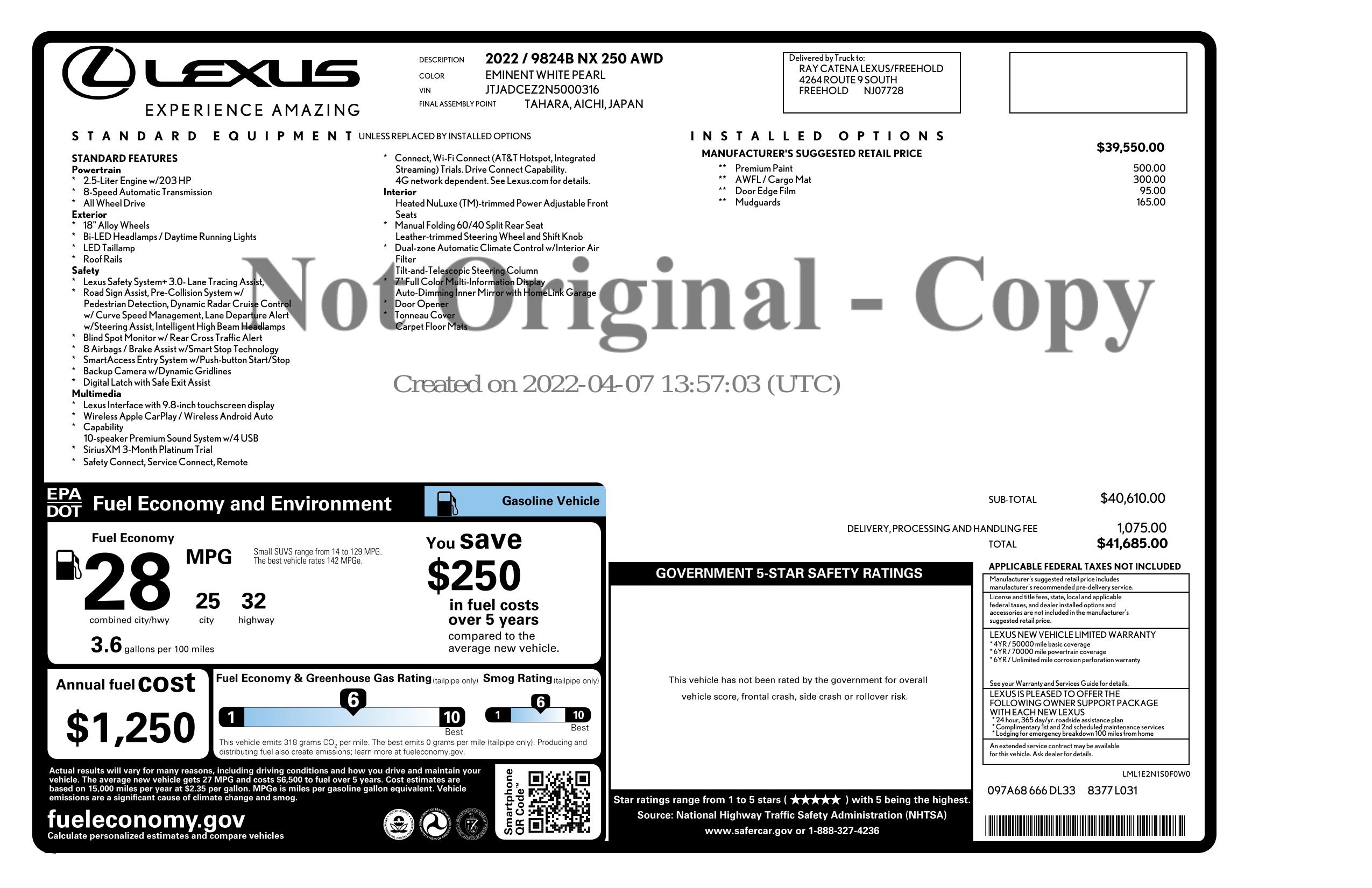 Window Sticker for 2022 Lexus Nx Nx 250 Awd
