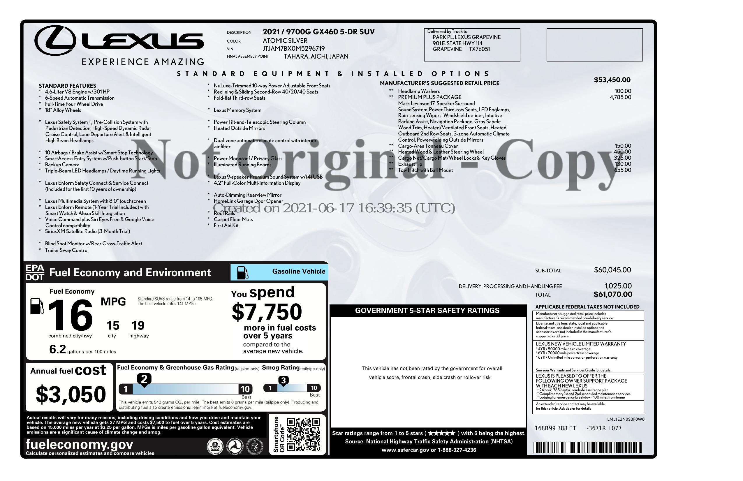 Window Sticker for 2021 Lexus Gx Gx 460 Premium 4 Wd