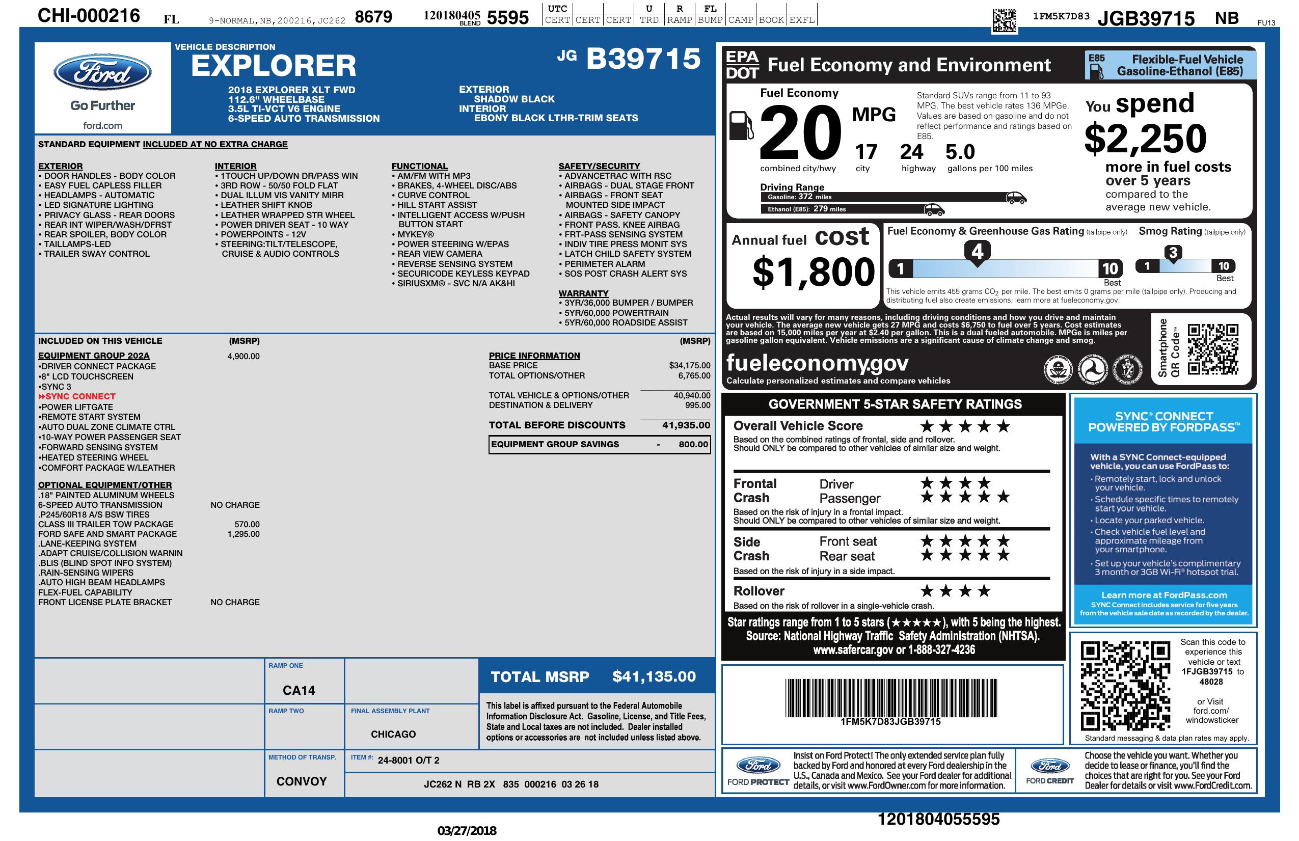Window Sticker for 2018 Ford Explorer Xlt 4dr Suv