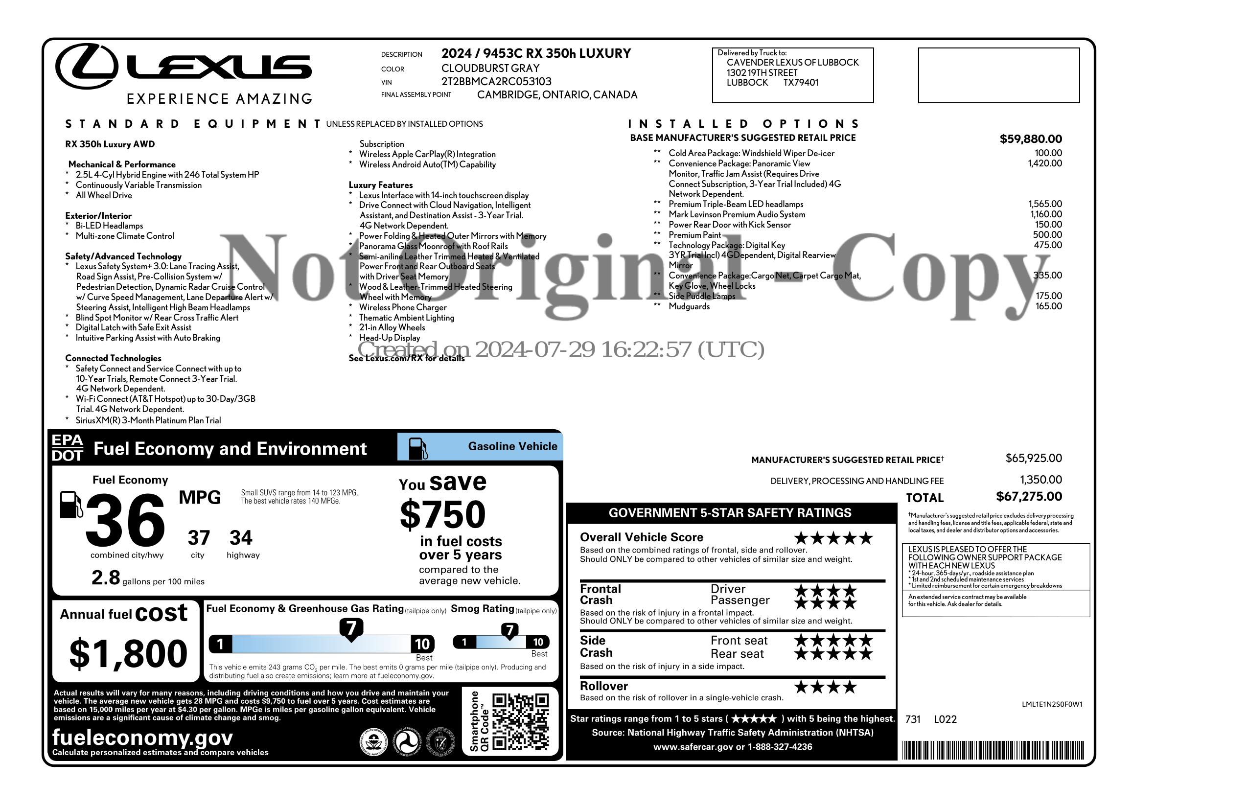 Window Sticker for 2024 Lexus Rx 350h Awd