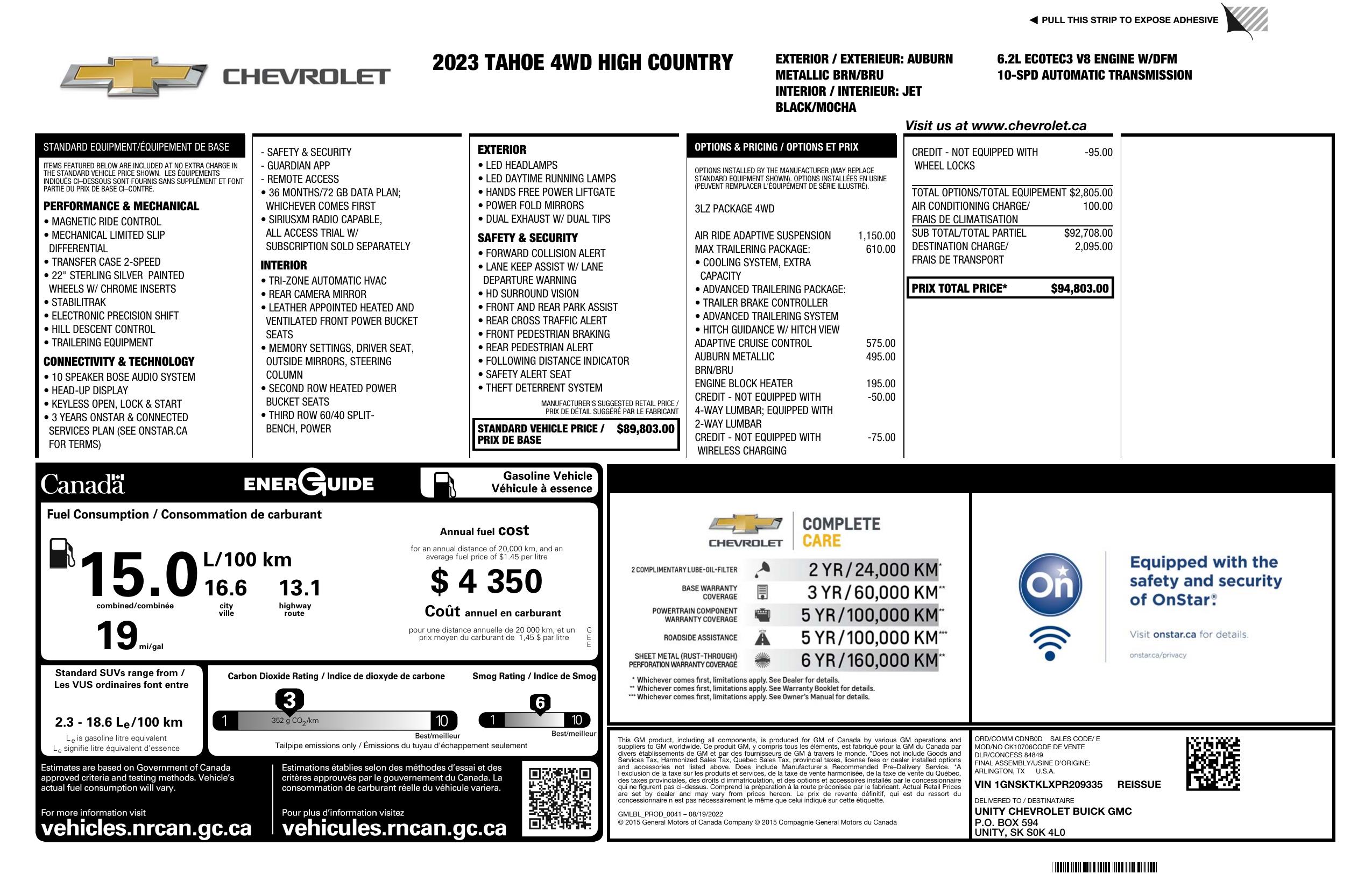 Window Sticker for 2023 Chevrolet Tahoe 4 Wd 4dr High Country