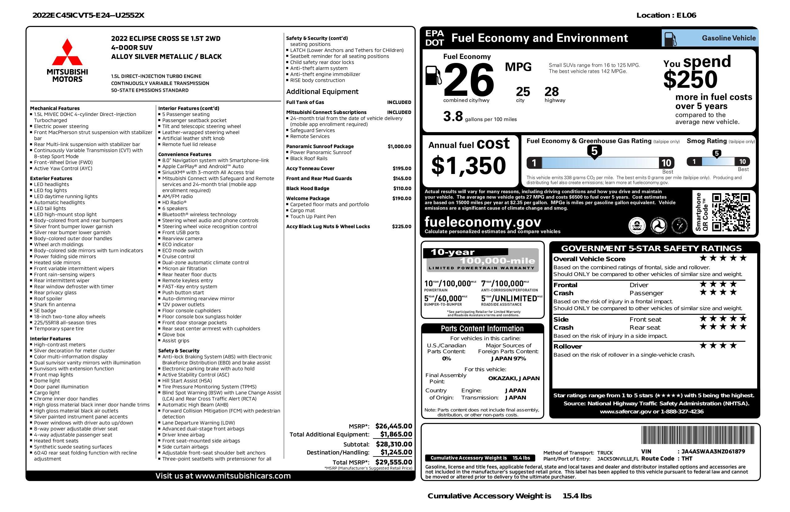 Window Sticker for 2022 Mitsubishi Eclipse Cross Fwd