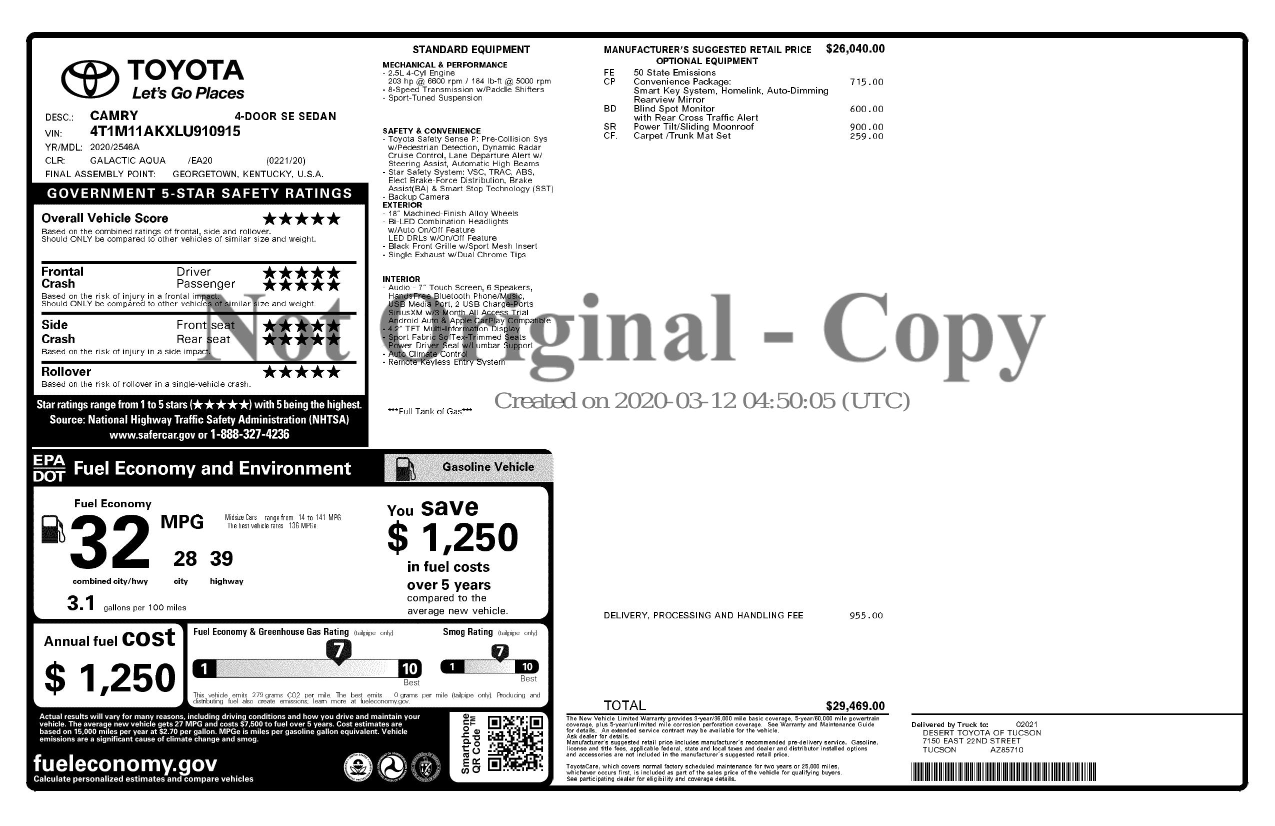 Window Sticker for 2020 Toyota Camry Se Auto (Natl)
