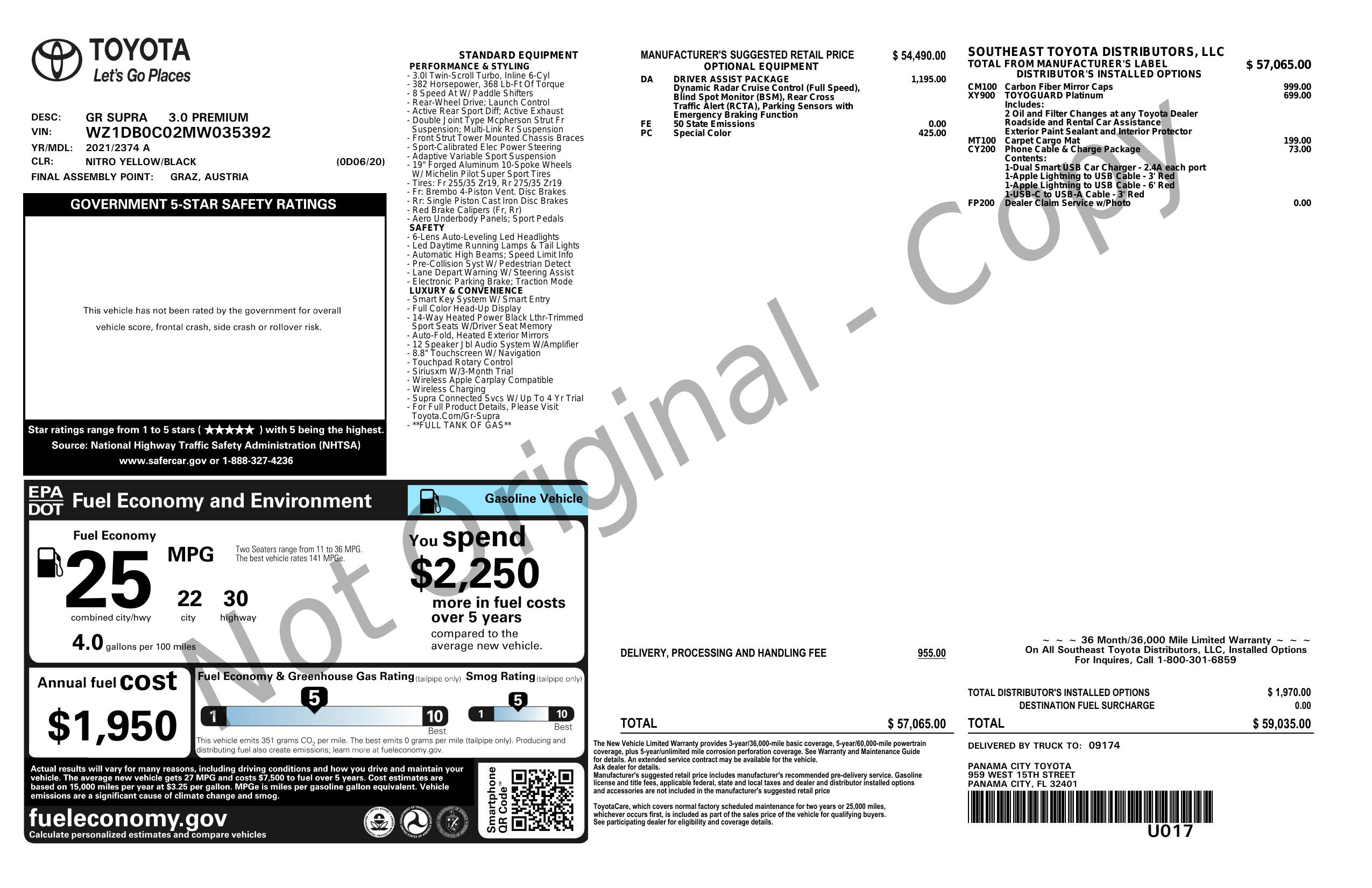 Window Sticker for 2021 Toyota Gr Supra Auto (Natl)