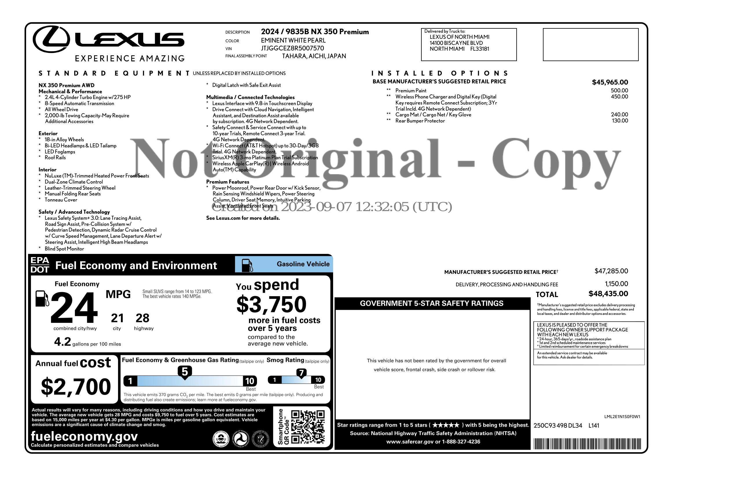 Window Sticker for 2024 Lexus Nx Nx 350 Premium Awd