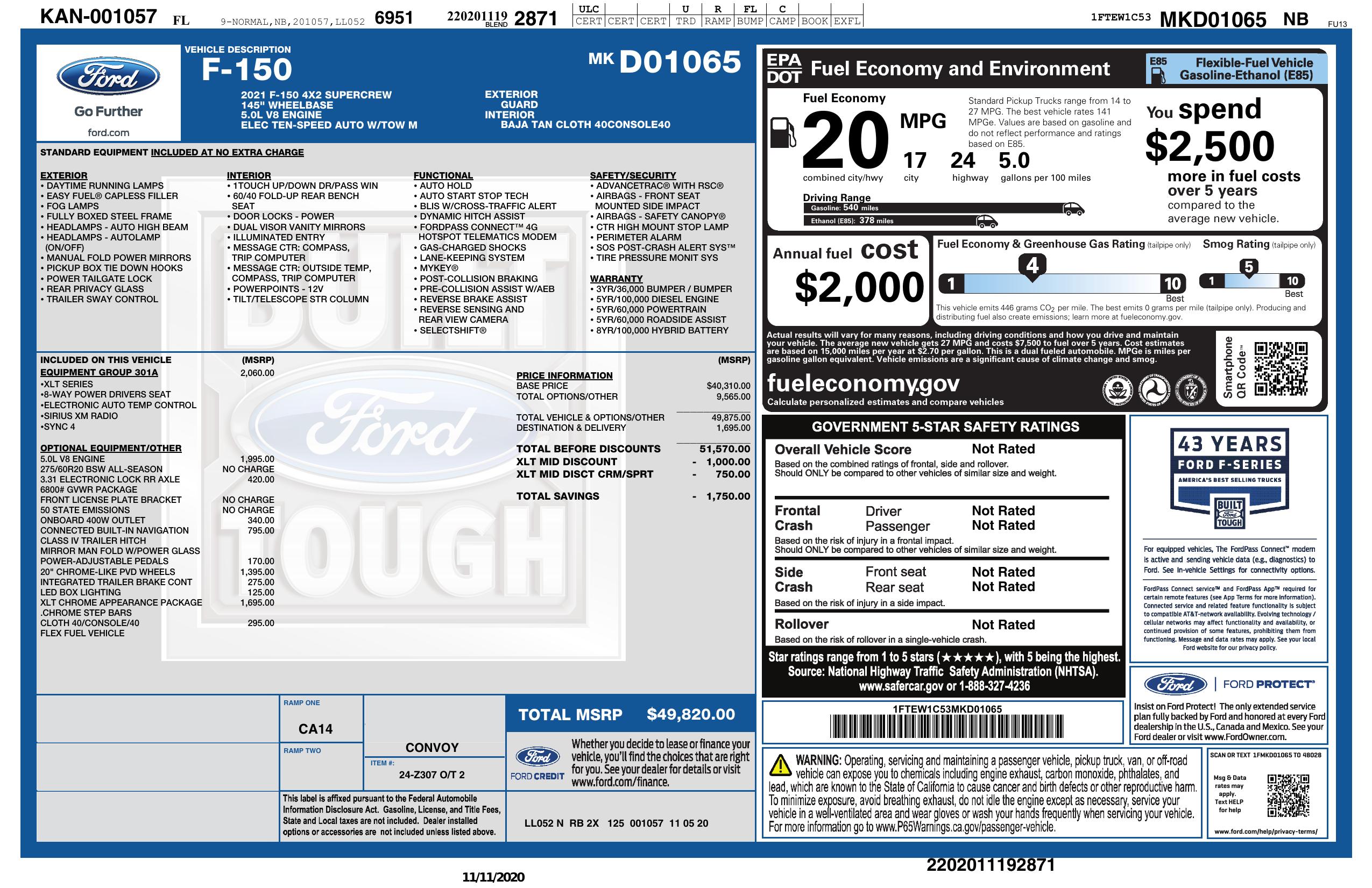 Window Sticker for 2021 Ford F 150 4x2 Xlt 4dr Super Crew 5.5 Ft. Sb