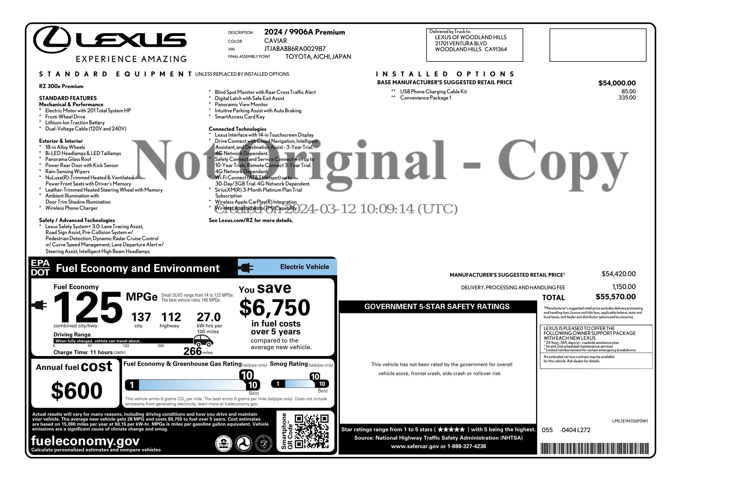 Window Sticker for 2024 Lexus Rz 300e Fwd