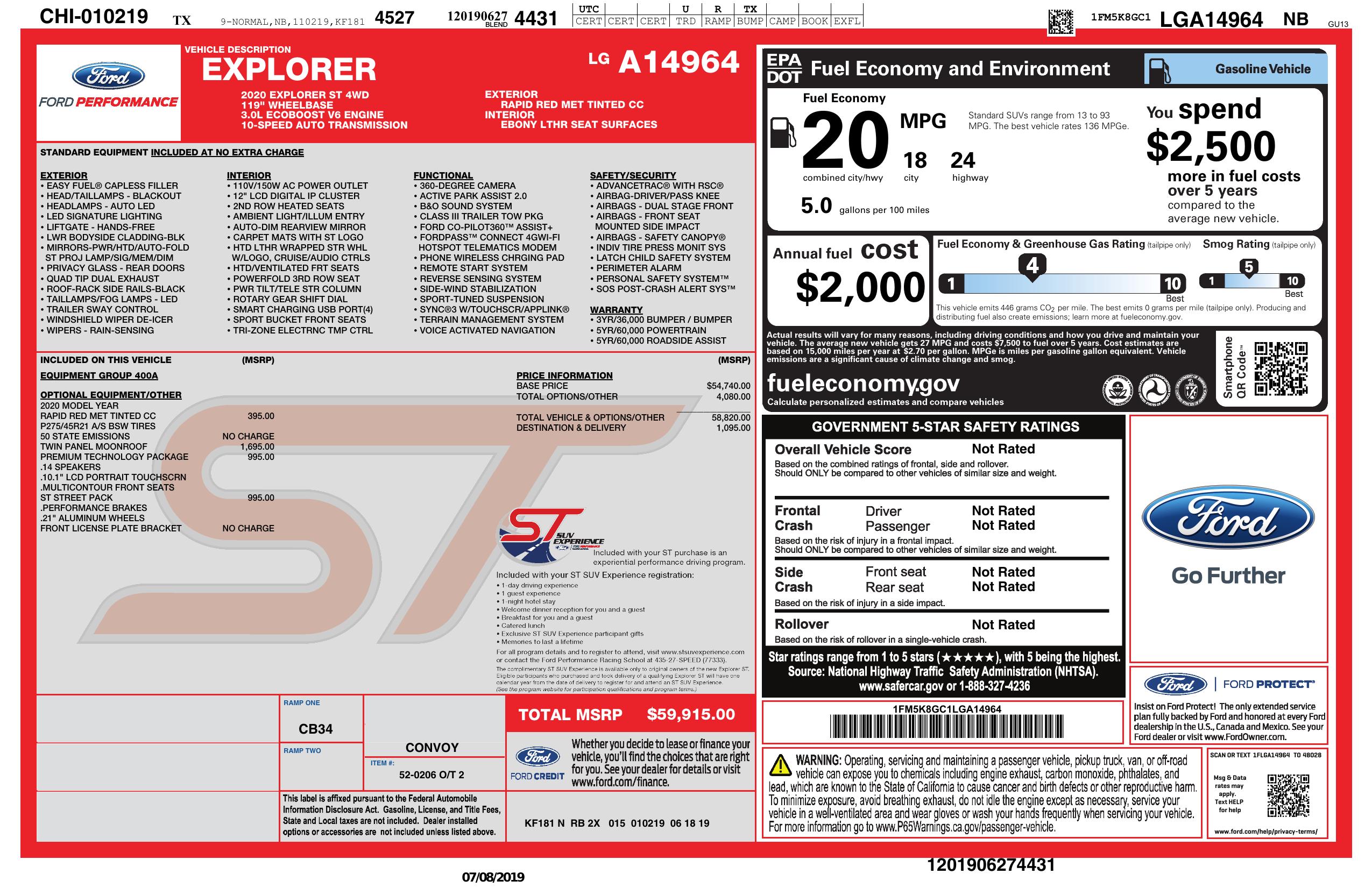 Window Sticker for 2020 Ford Explorer Awd St 4dr Suv