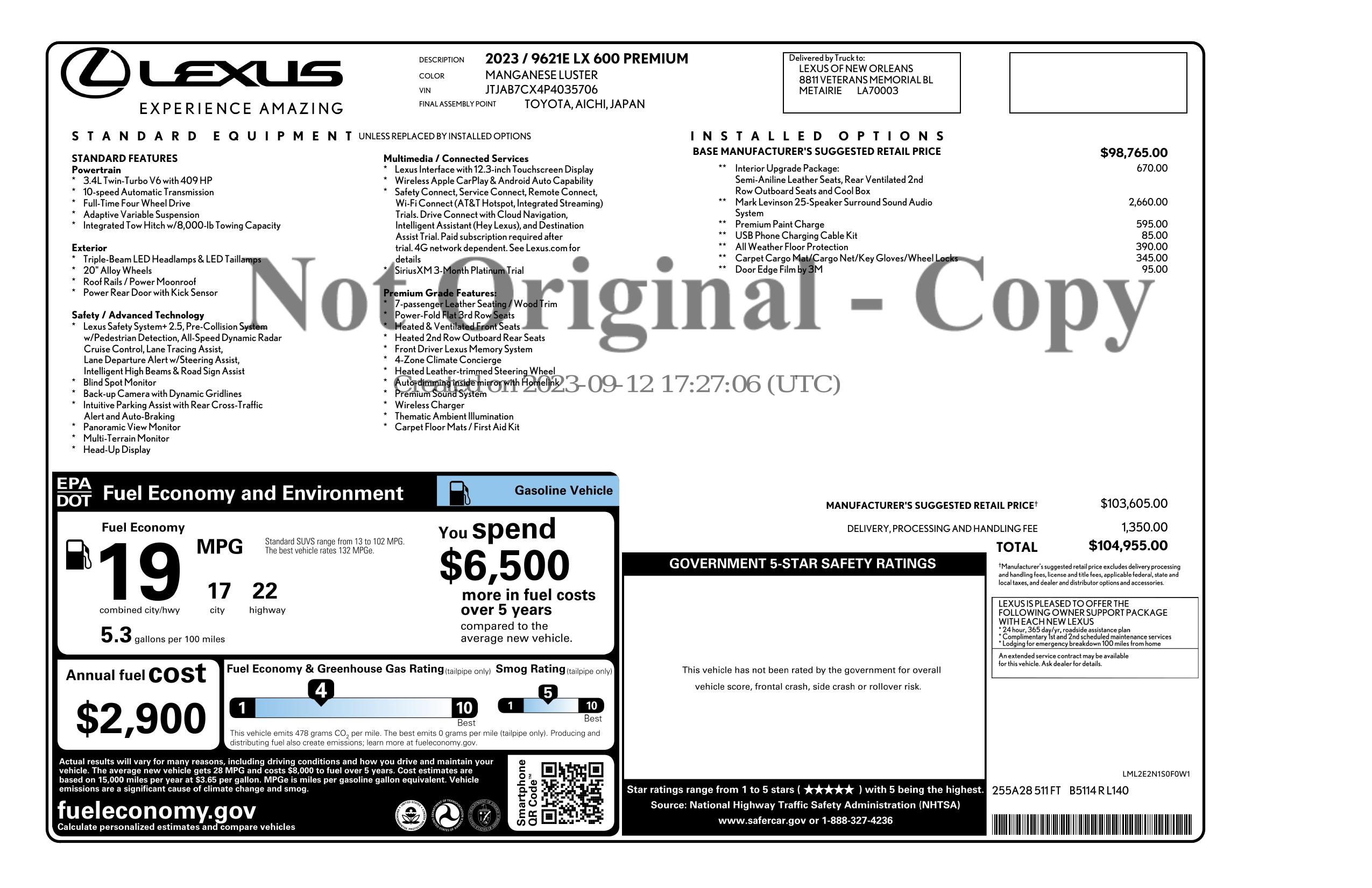 Window Sticker for 2023 Lexus Lx Lx 600 Premium 4 Wd