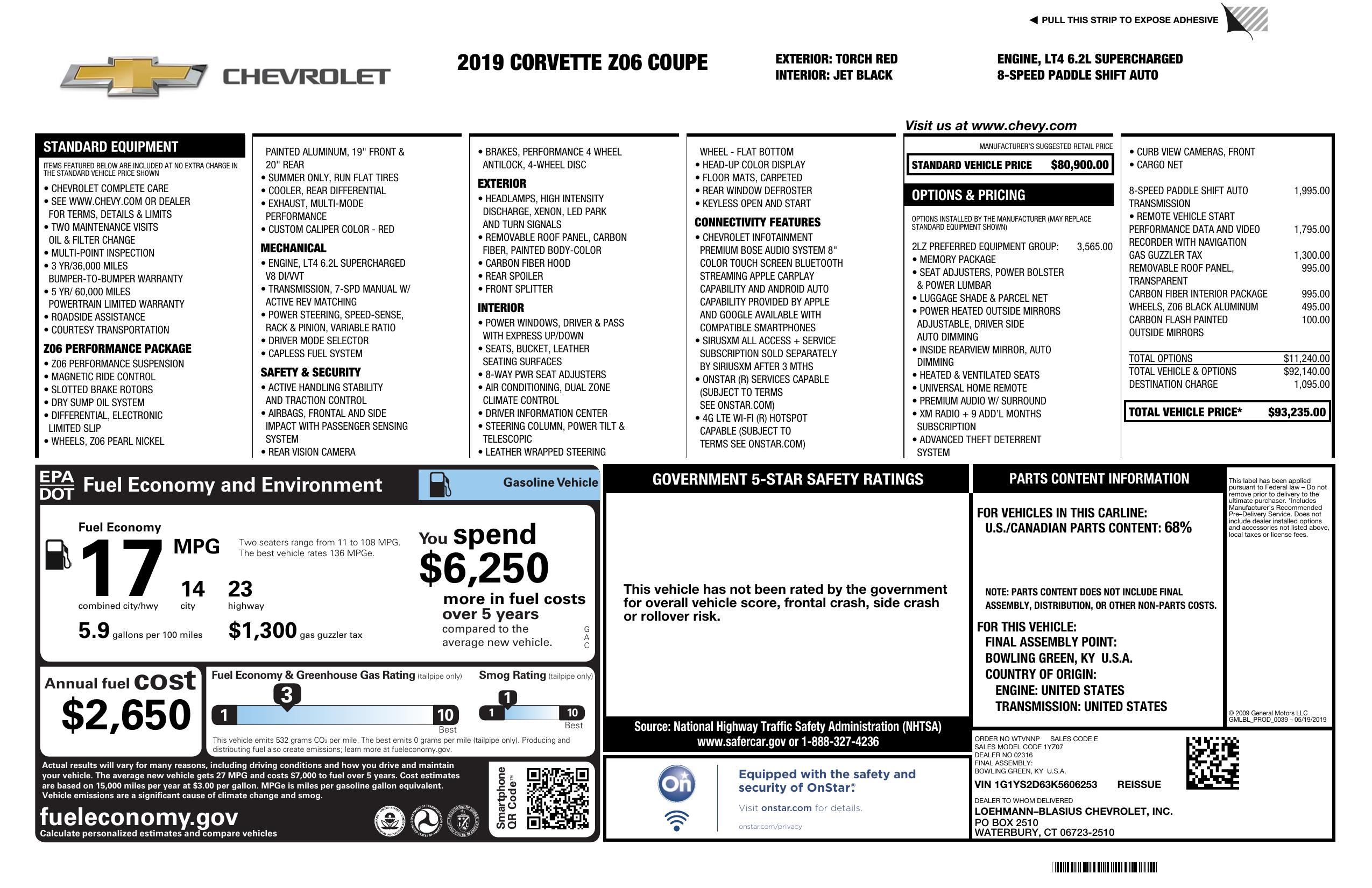 Window Sticker for 2019 Chevrolet Corvette 2dr Z06 Cpe W/2 Lz