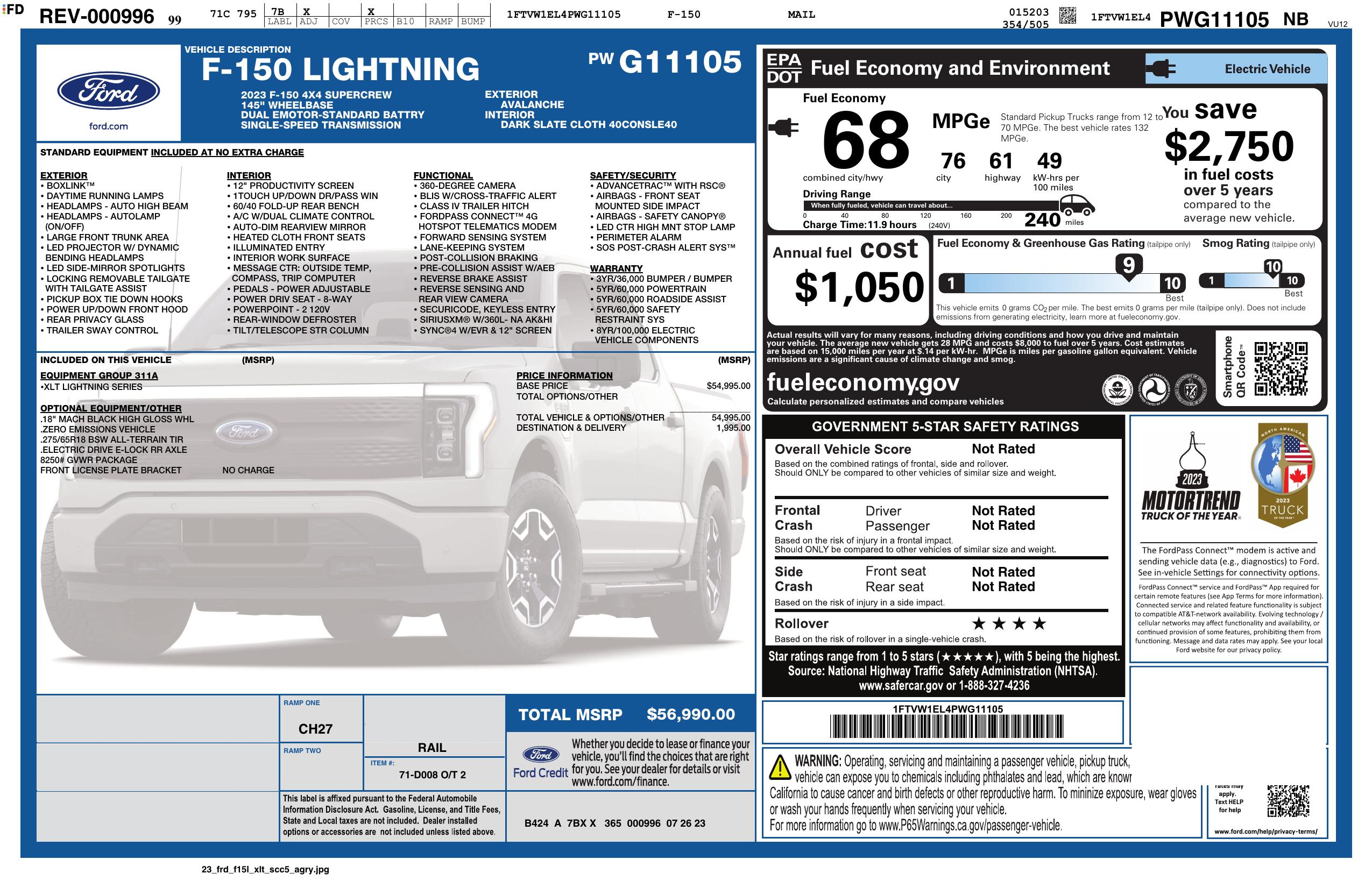 Window Sticker for 2023 Ford F 150 Lightning 4 Wd Super Crew 5.5' Box