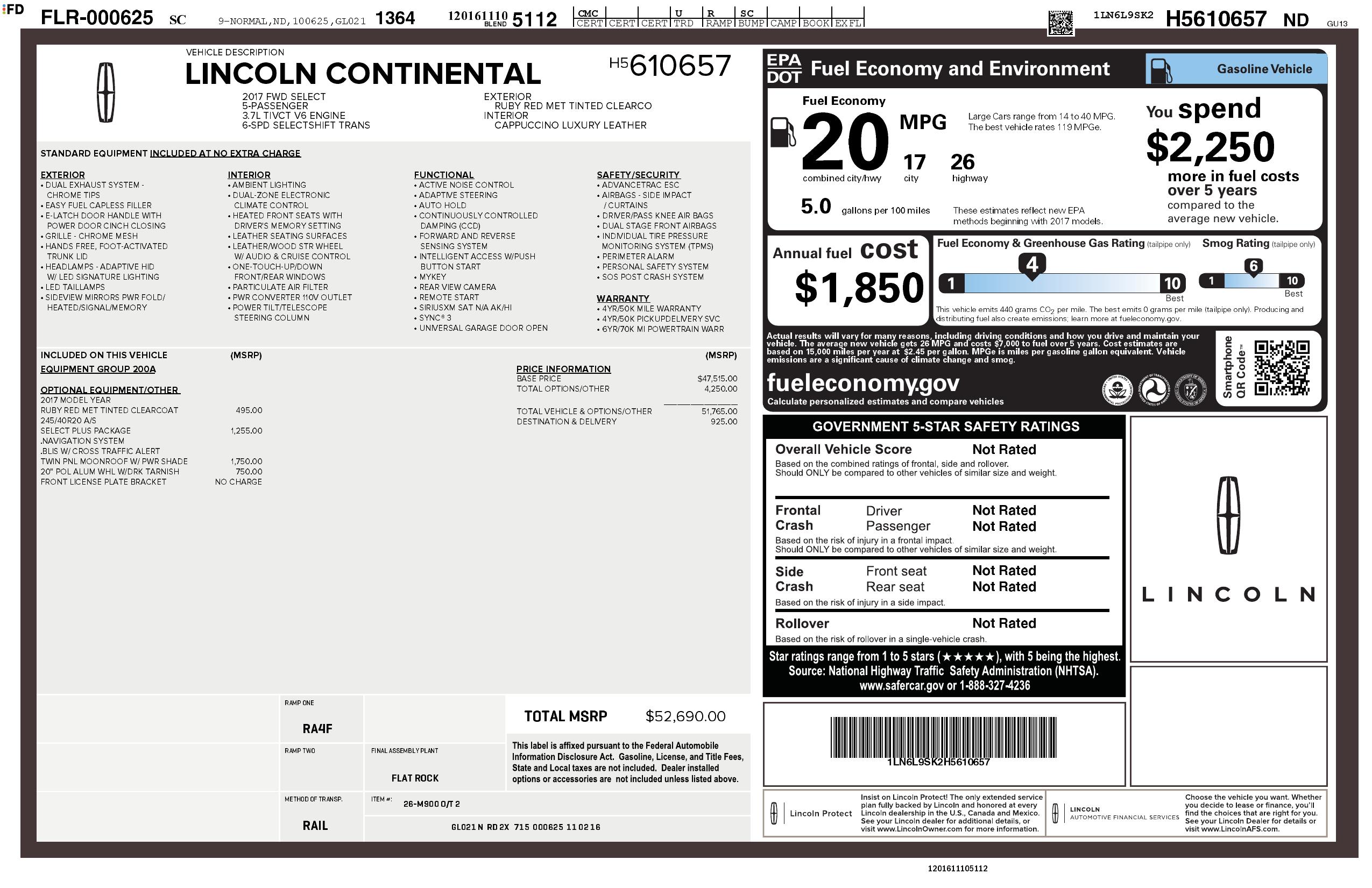 Window Sticker for 2017 Lincoln Continental Select