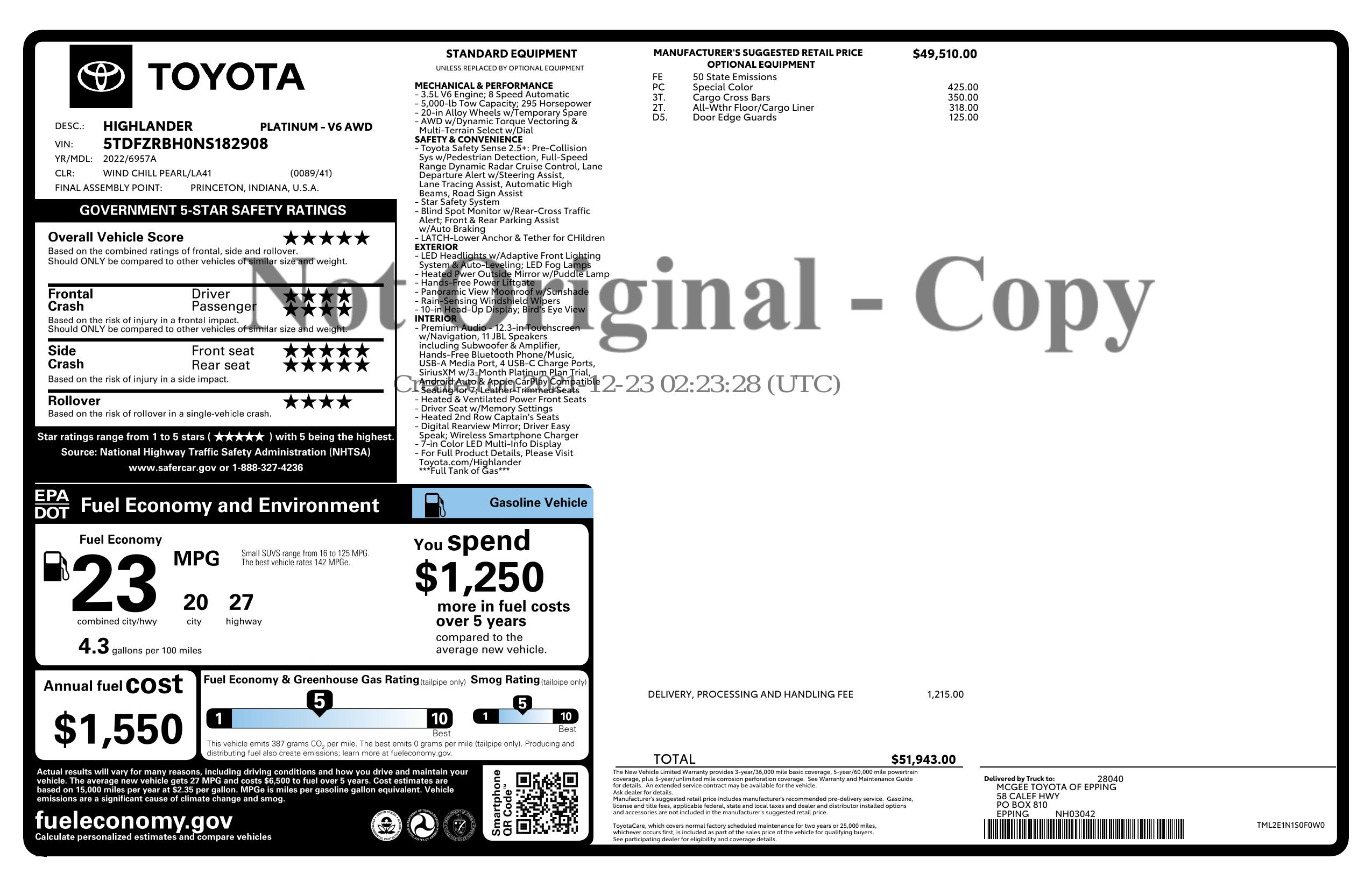 Window Sticker for 2022 Toyota Highlander Platinum Awd (Natl)