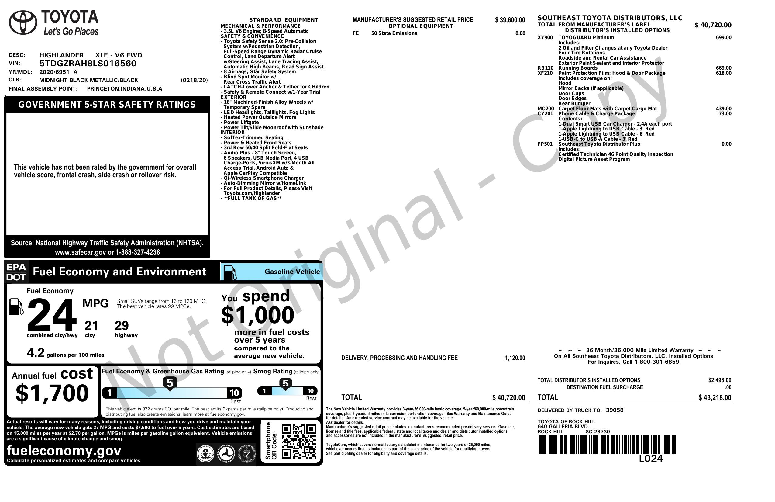 Window Sticker for 2020 Toyota Highlander Xle Fwd (Natl)