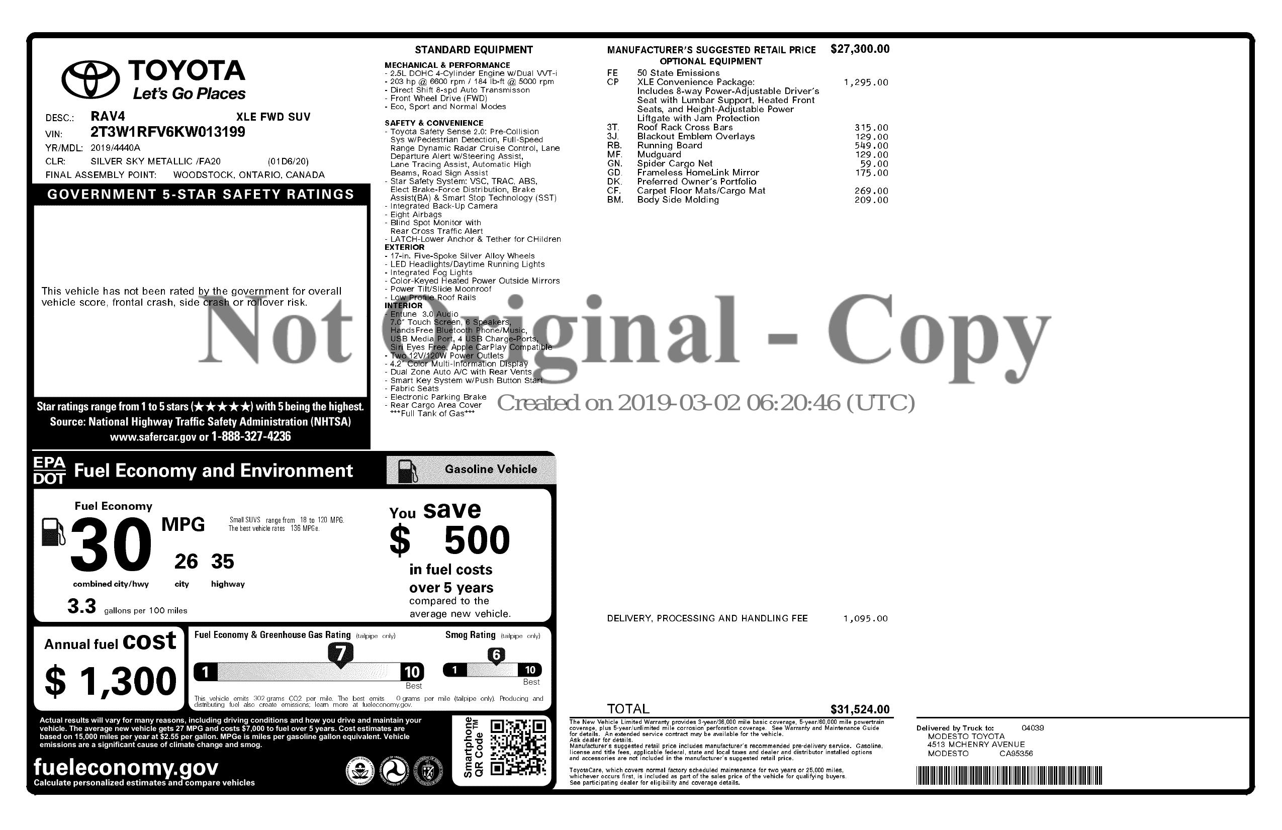 Window Sticker for 2019 Toyota Rav4 Xle Fwd (Natl)