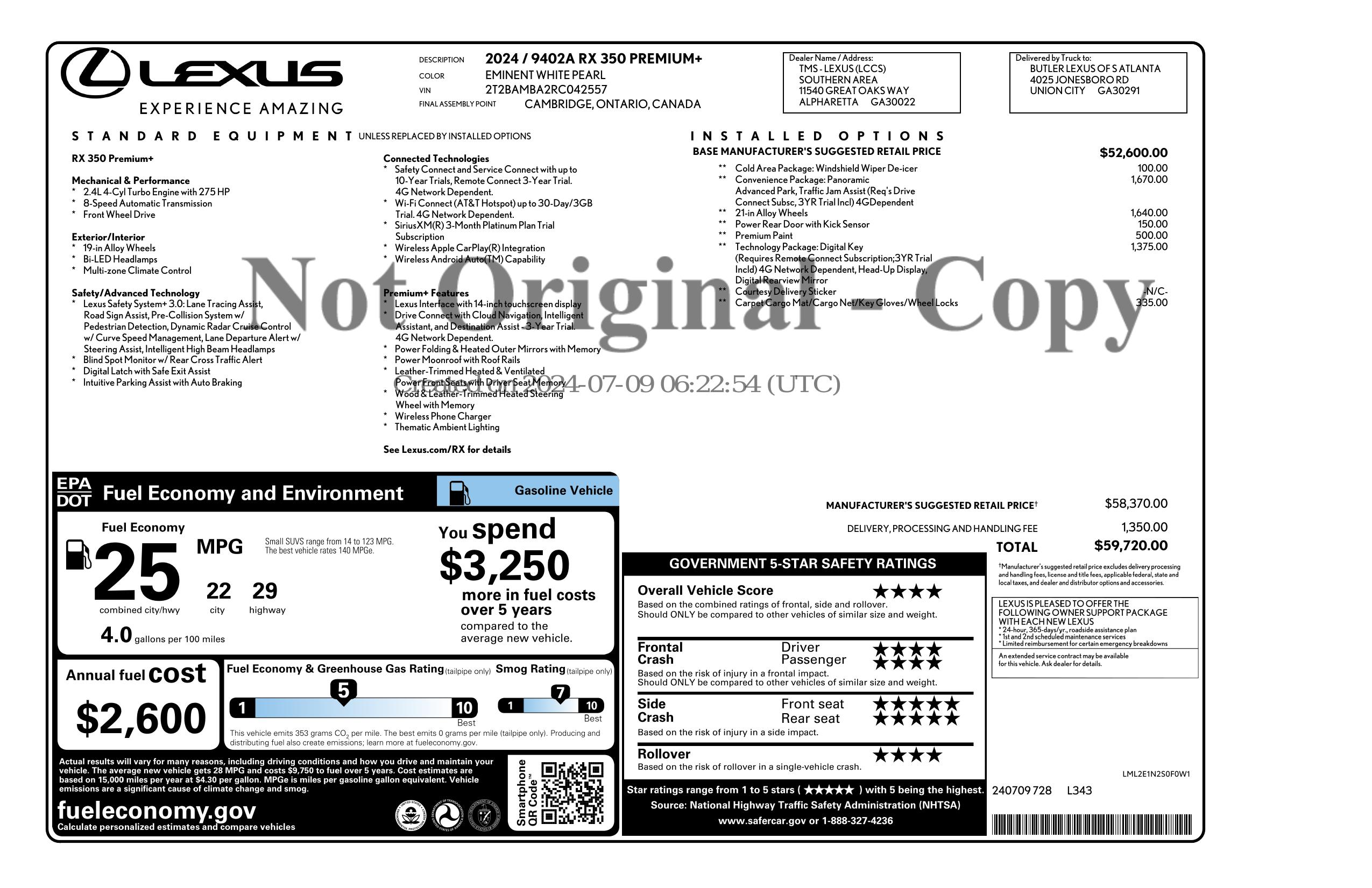 Window Sticker for 2024 Lexus Rx 350 Fwd