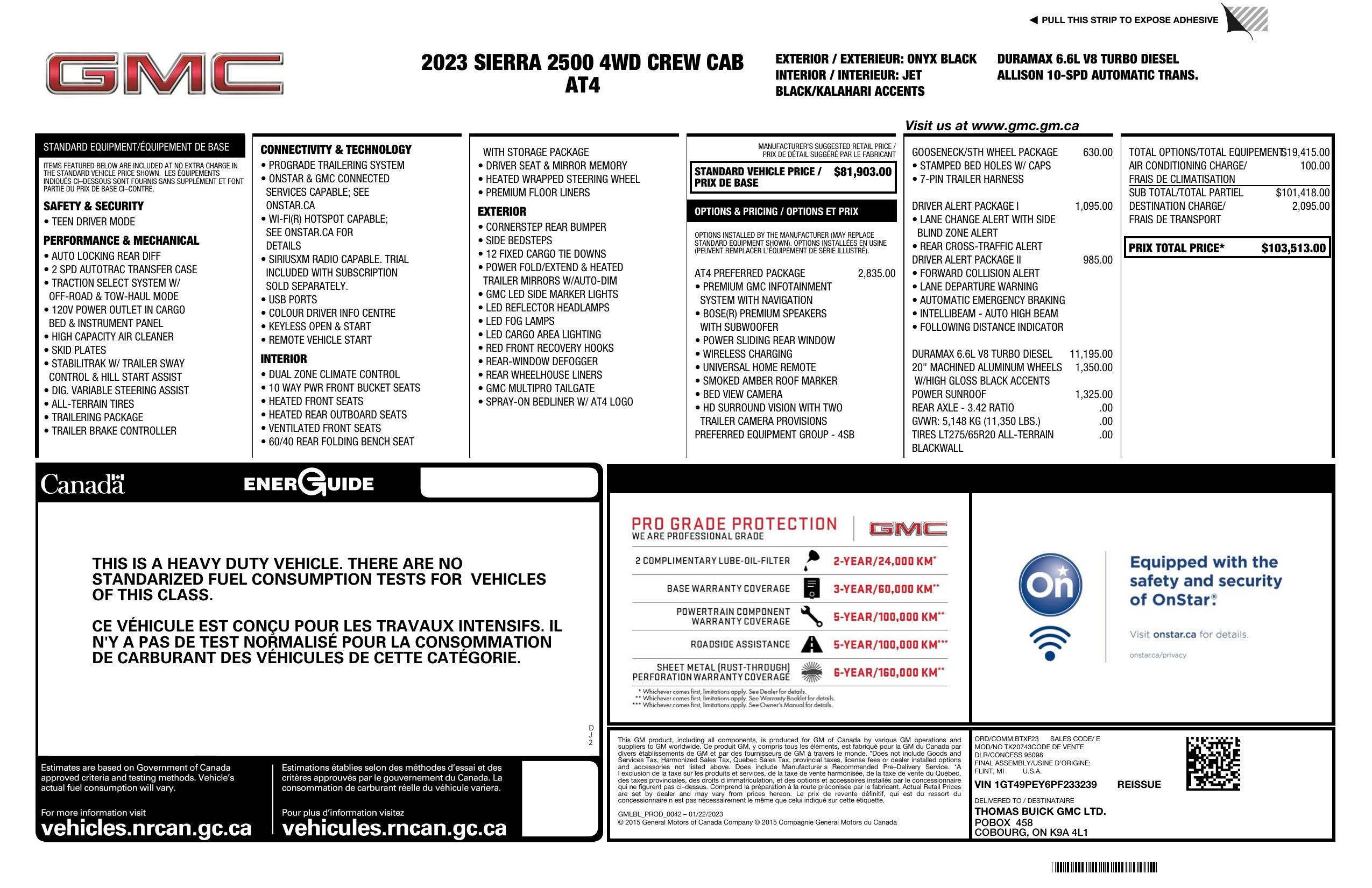 Window Sticker for 2023 GMC Sierra 2500 Hd 4 Wd Crew Cab At4