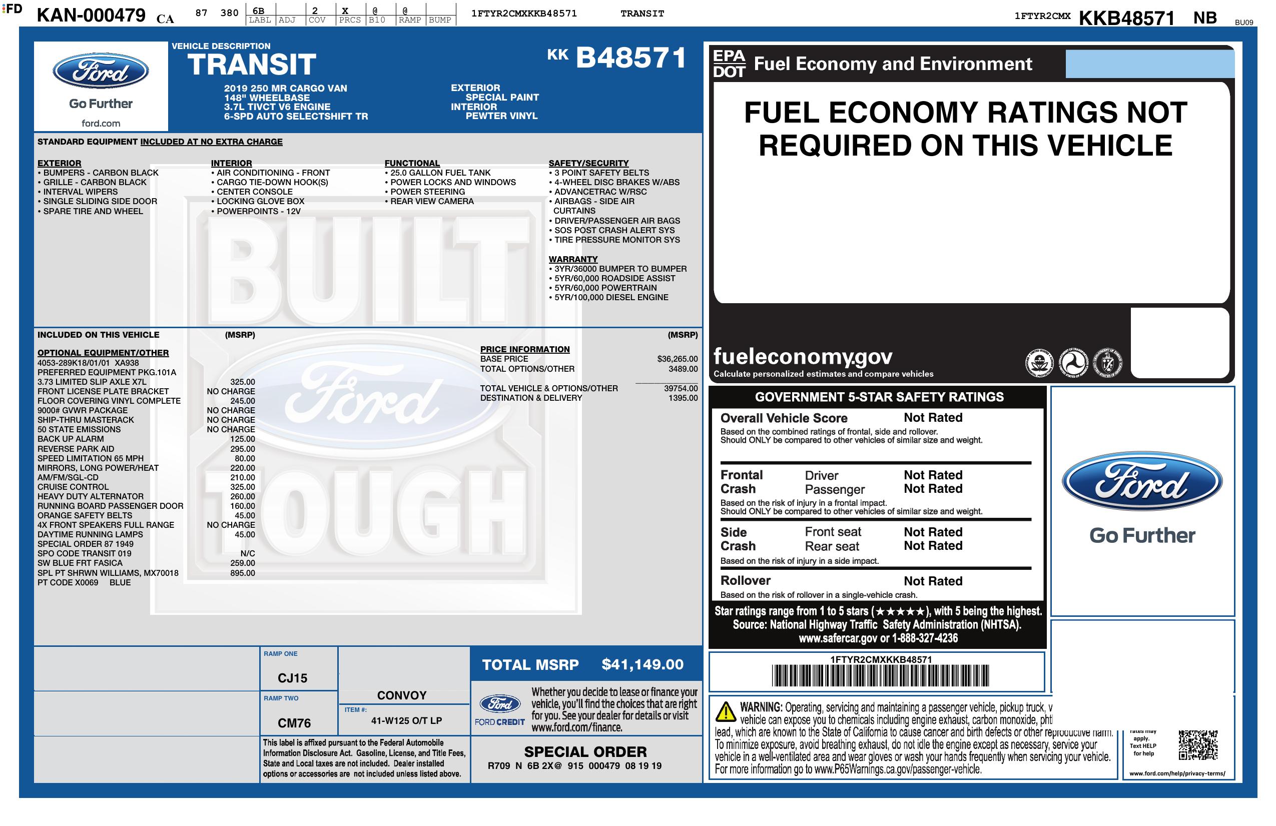 Window Sticker for 2019 Ford Transit Van T 250 148" Med Rf 9000 Gvwr ...