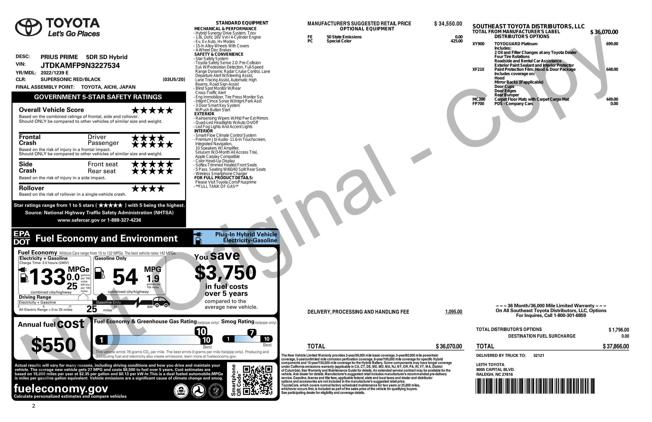 Window Sticker for 2022 Toyota Prius Prime (Natl)