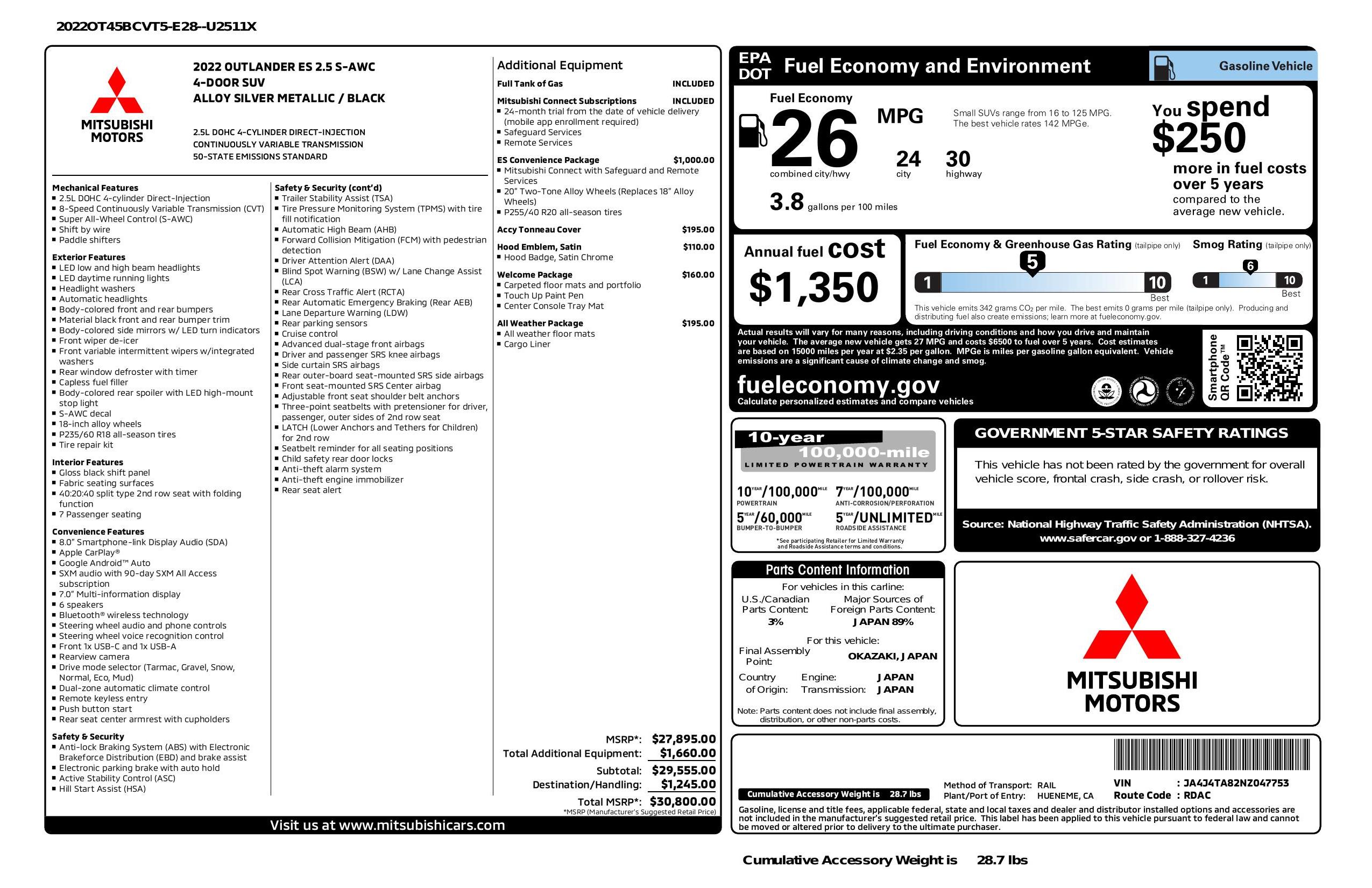 Window Sticker for 2022 Mitsubishi Outlander Es S Awc