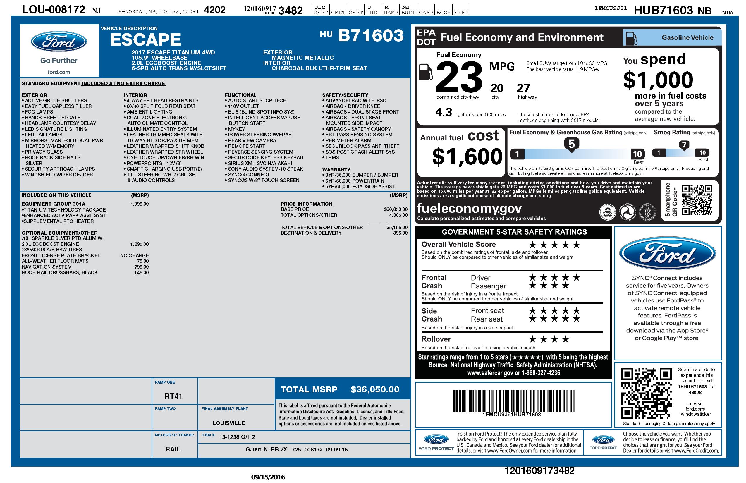 Window Sticker for 2017 Ford Escape Awd Titanium 4dr Suv