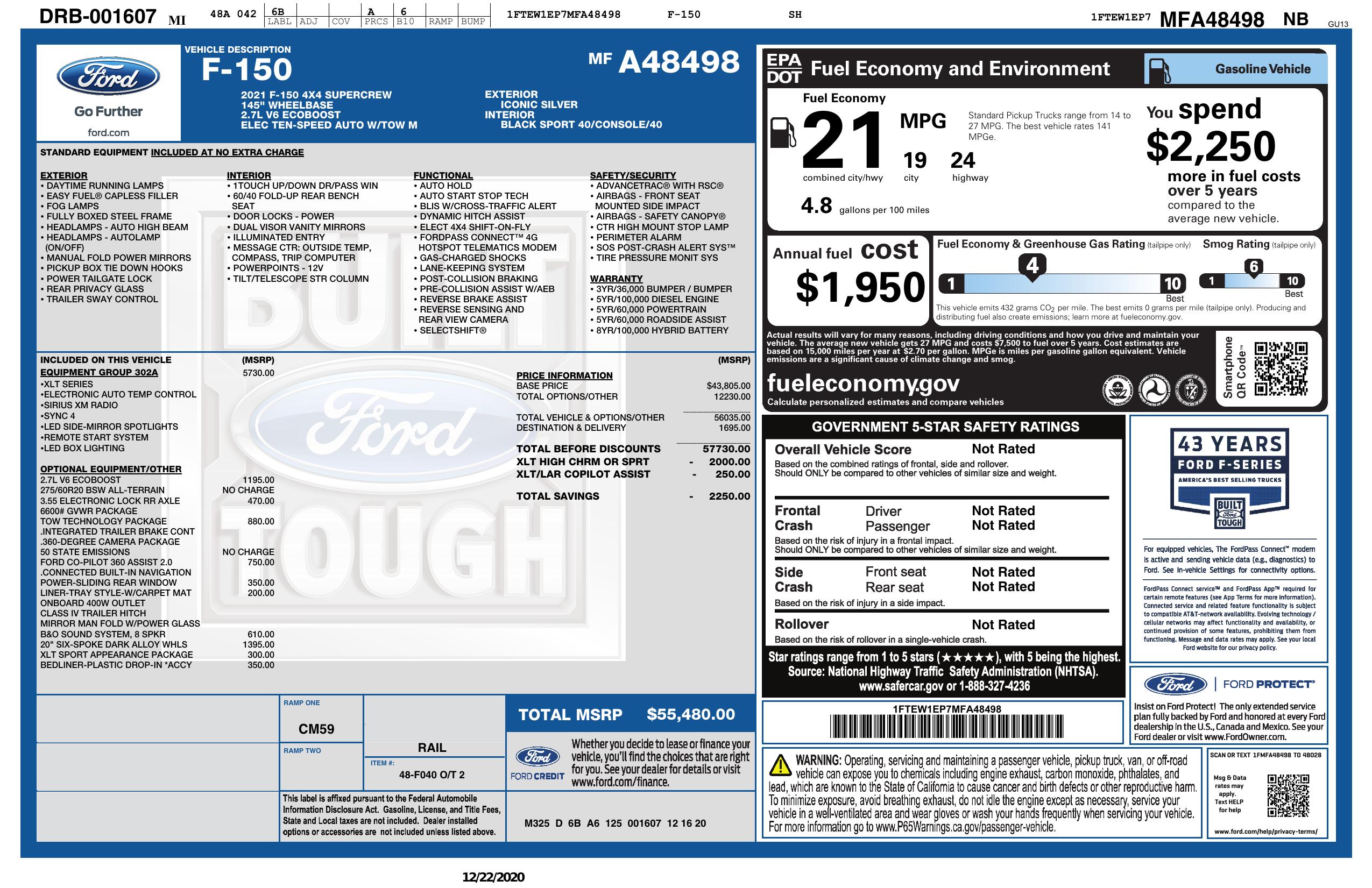 Window Sticker for 2021 Ford F 150 4x4 Xlt 4dr Super Crew 5.5 Ft. Sb