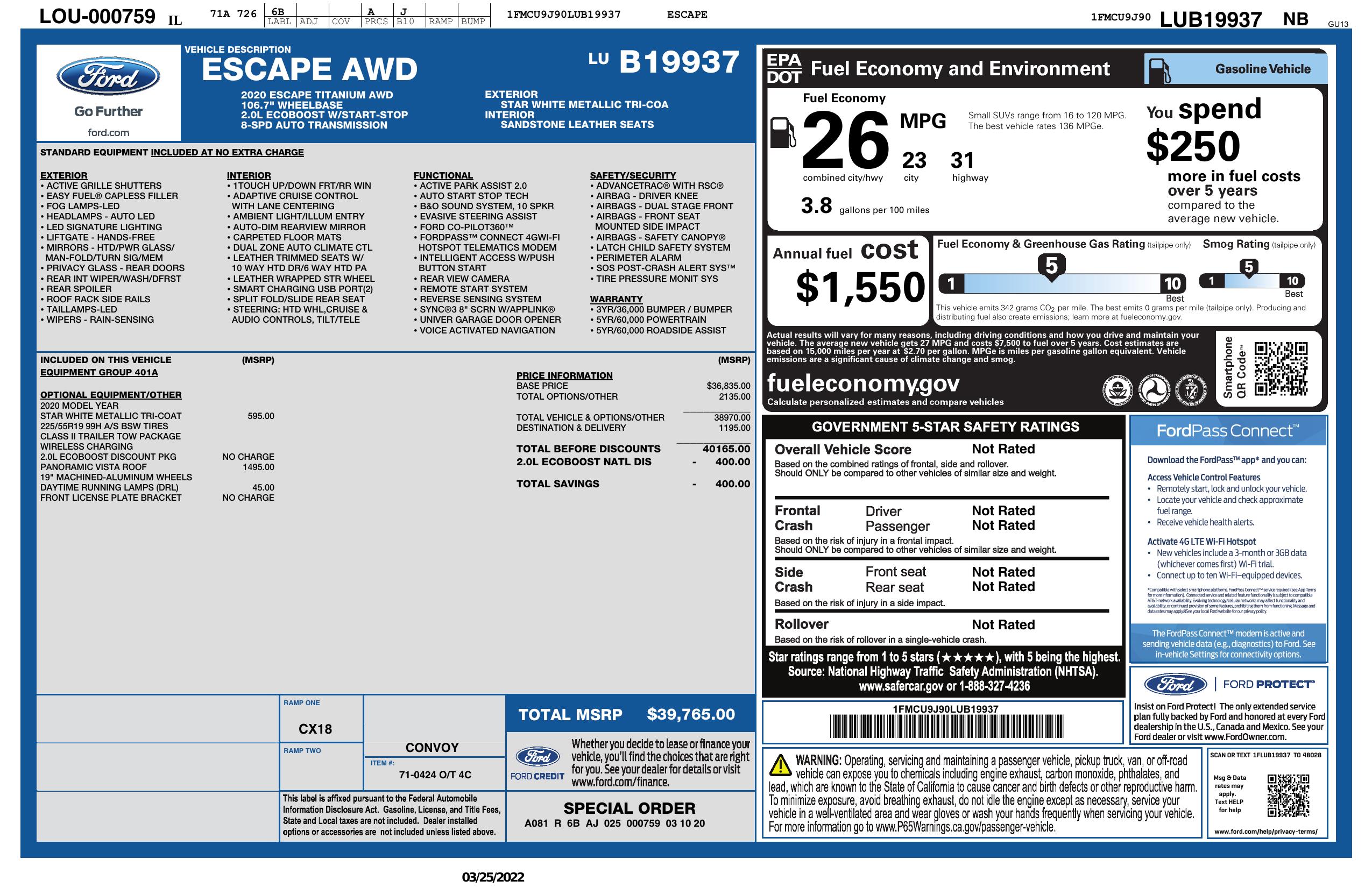 Window Sticker for 2020 Ford Escape Titanium Awd