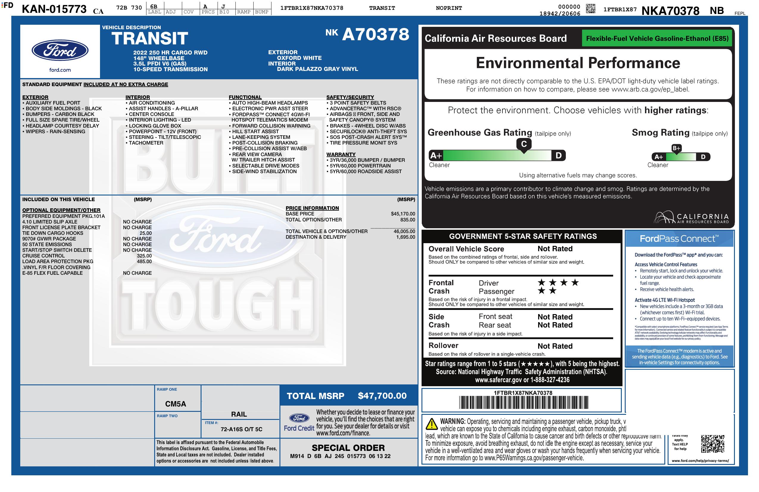 Window Sticker for 2022 Ford Transit Cargo Van T 250 148" Hi Rf 9070 ...