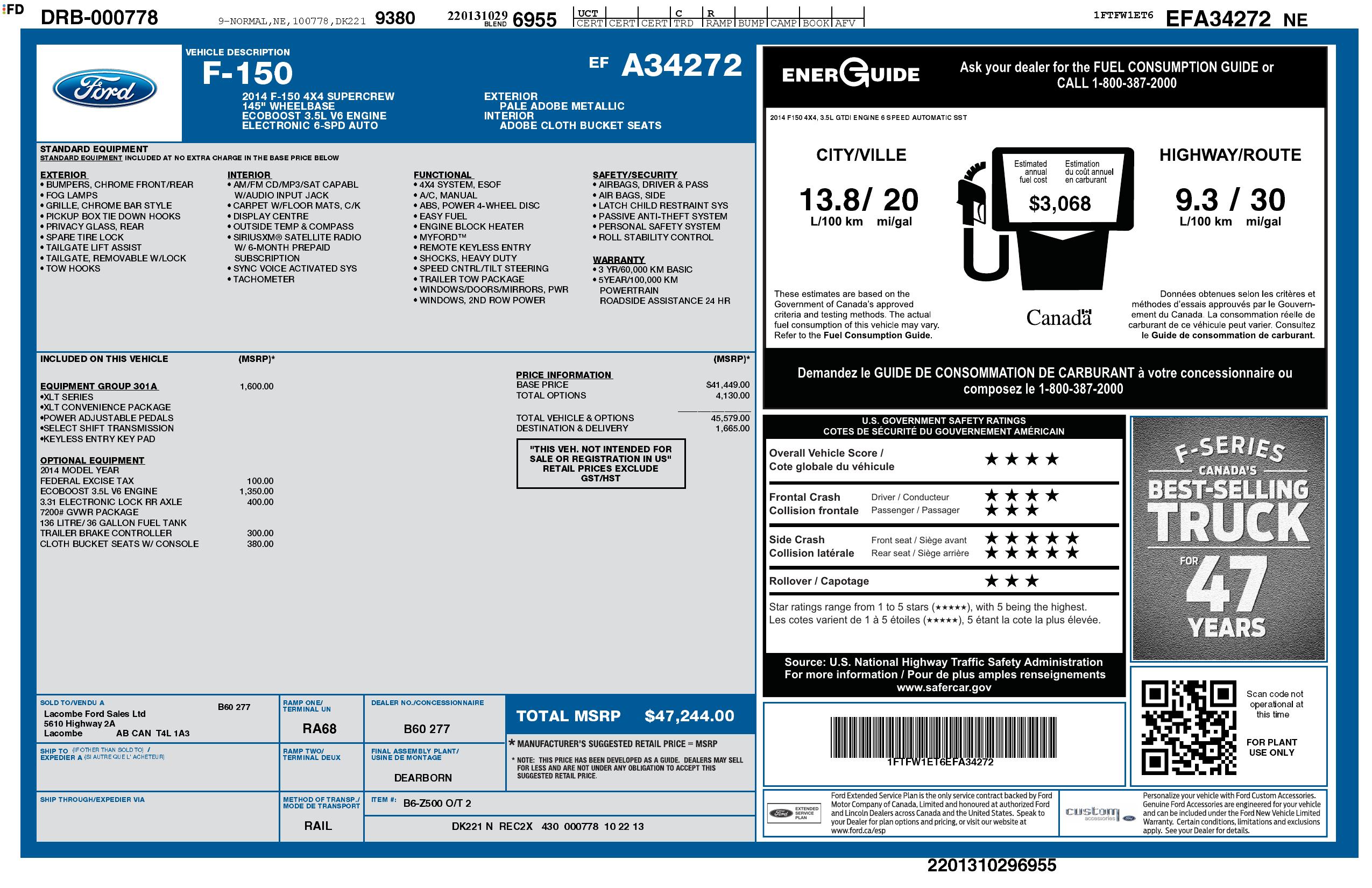 Window Sticker for 2014 Ford F 150 Xlt Pickup 4 D 6 1/2 Ft