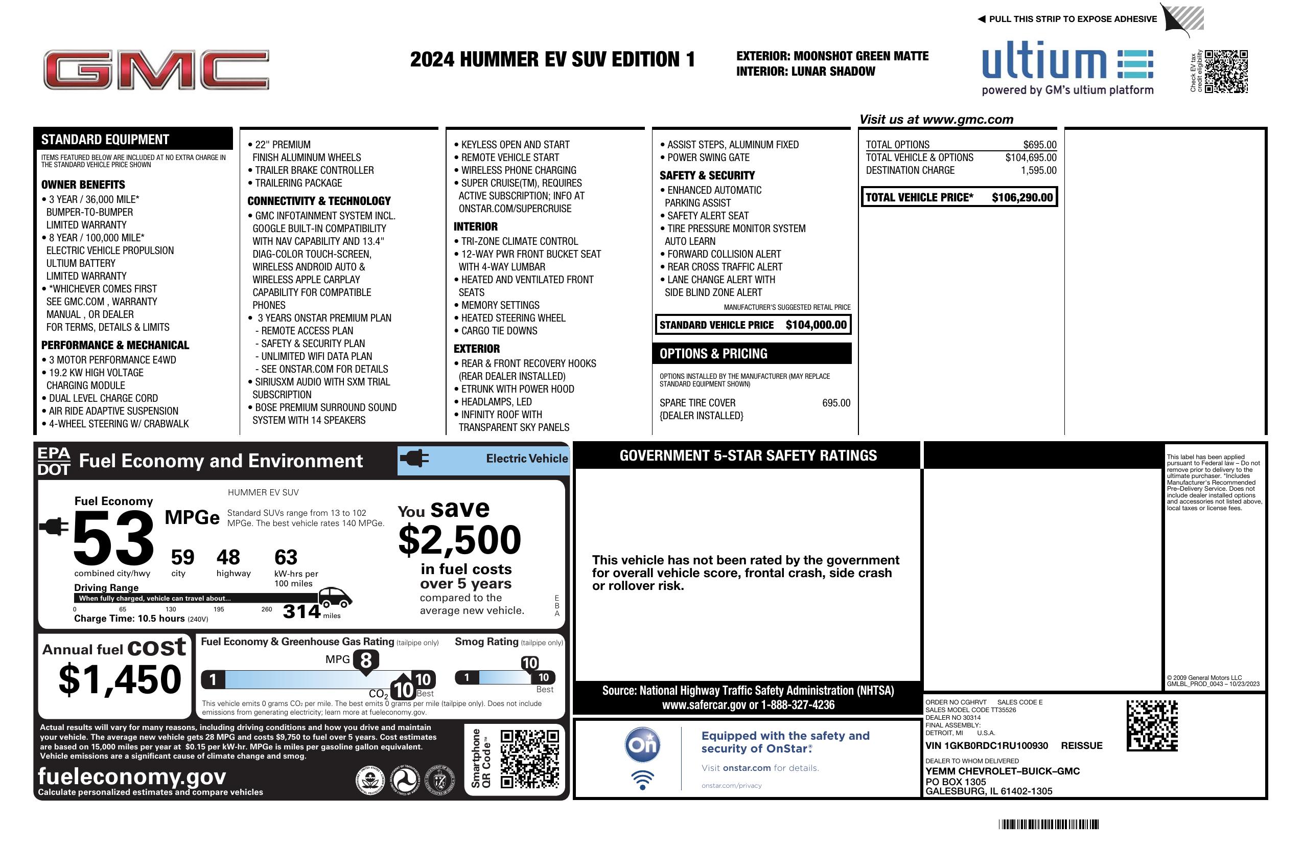 Window Sticker for 2024 GMC Hummer Ev Suv E4 Wd 4dr 3 X