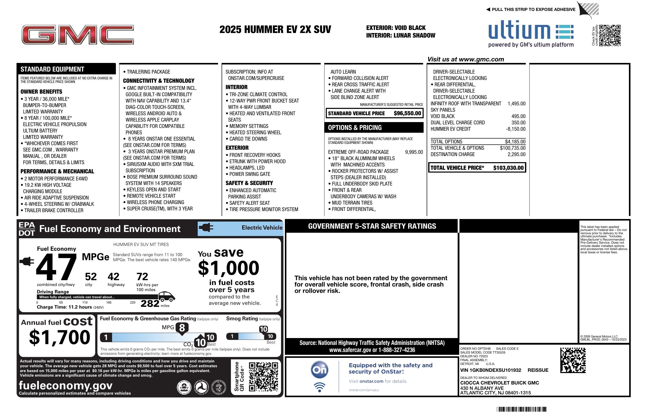 Window Sticker for 2025 GMC Hummer Ev Suv E4 Wd 4dr 2 X