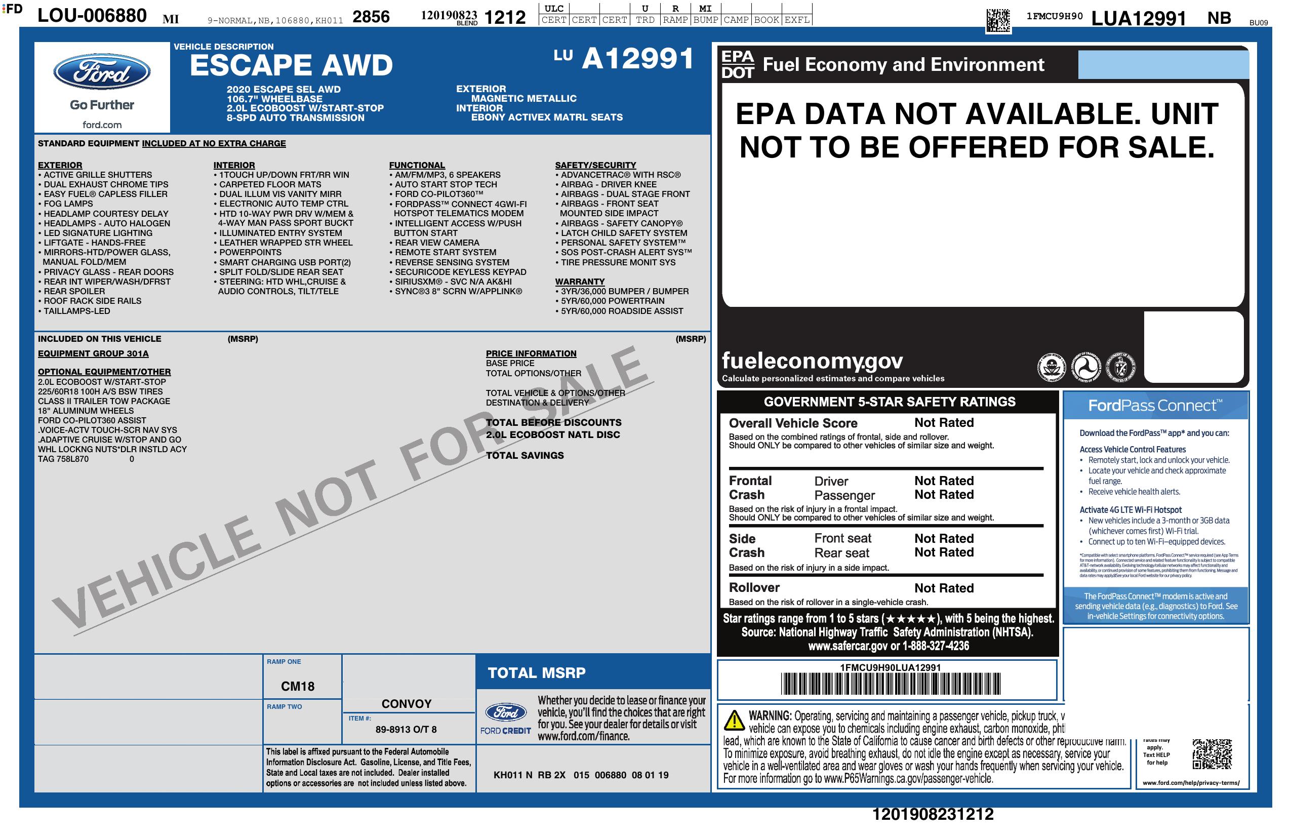 Window Sticker for 2020 Ford Escape Sel Awd