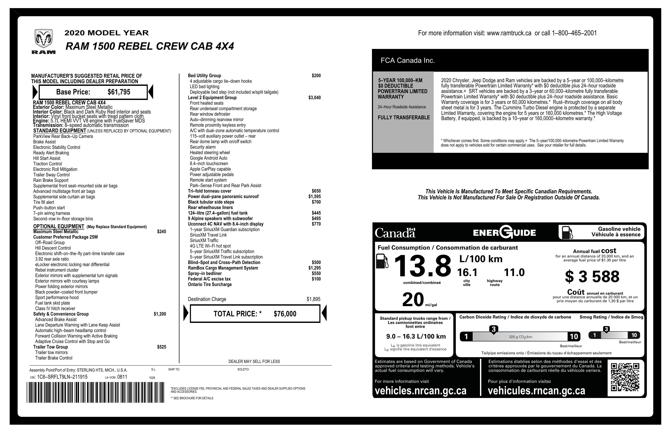 Window Sticker for 2020 Ram 1500 Rebel 4x4 Crew Cab 5'7" Box